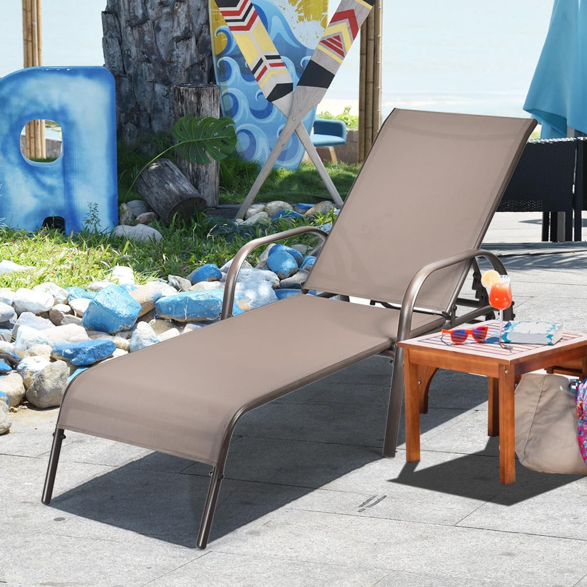 Patio Lounge Chair, Outdoor Chaise Lounge with 5 Adjustable Backrest ...