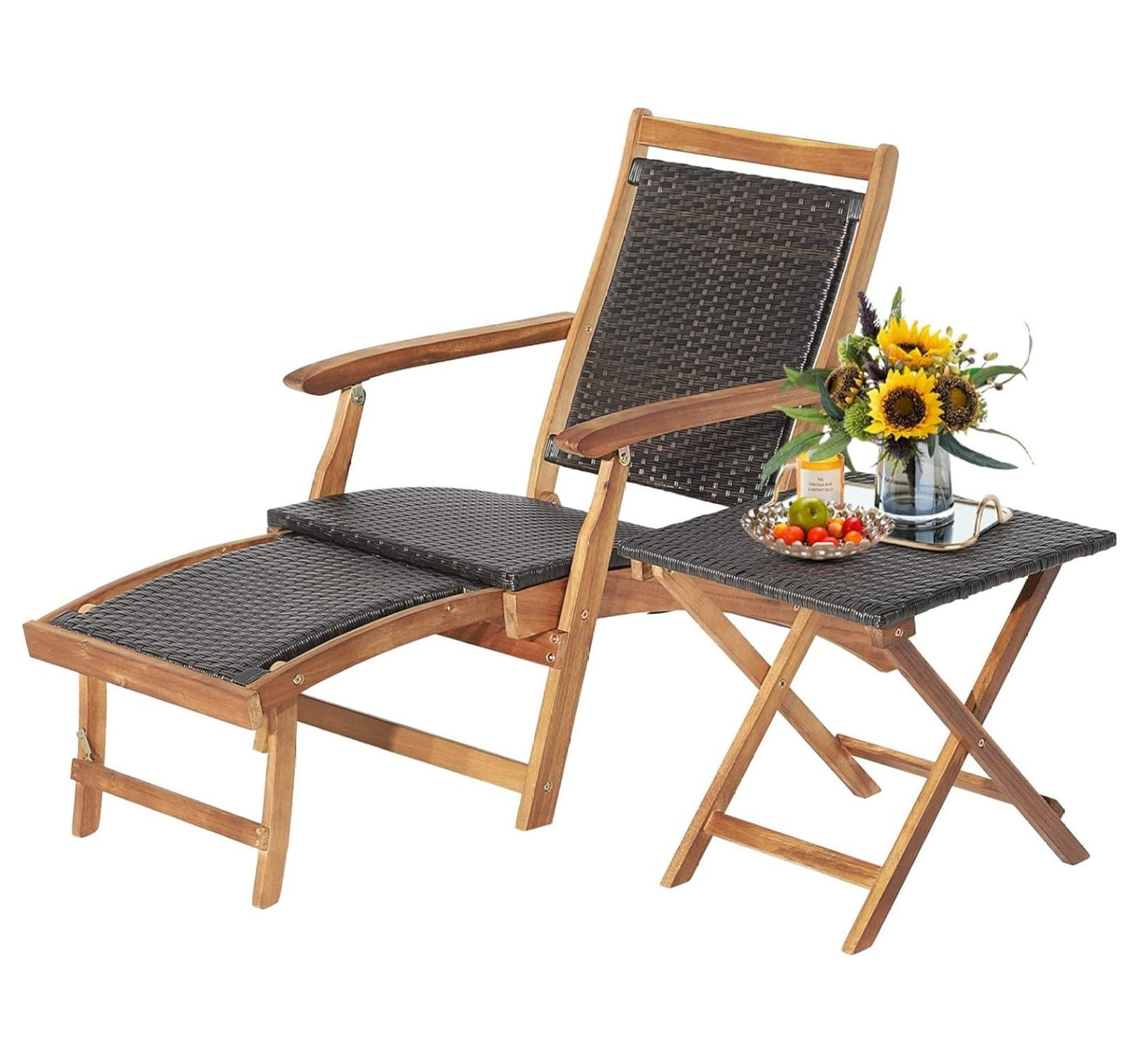 Patio Lounge Chair Set - Outdoor Wood Chaise Lounge w/Side Table ...
