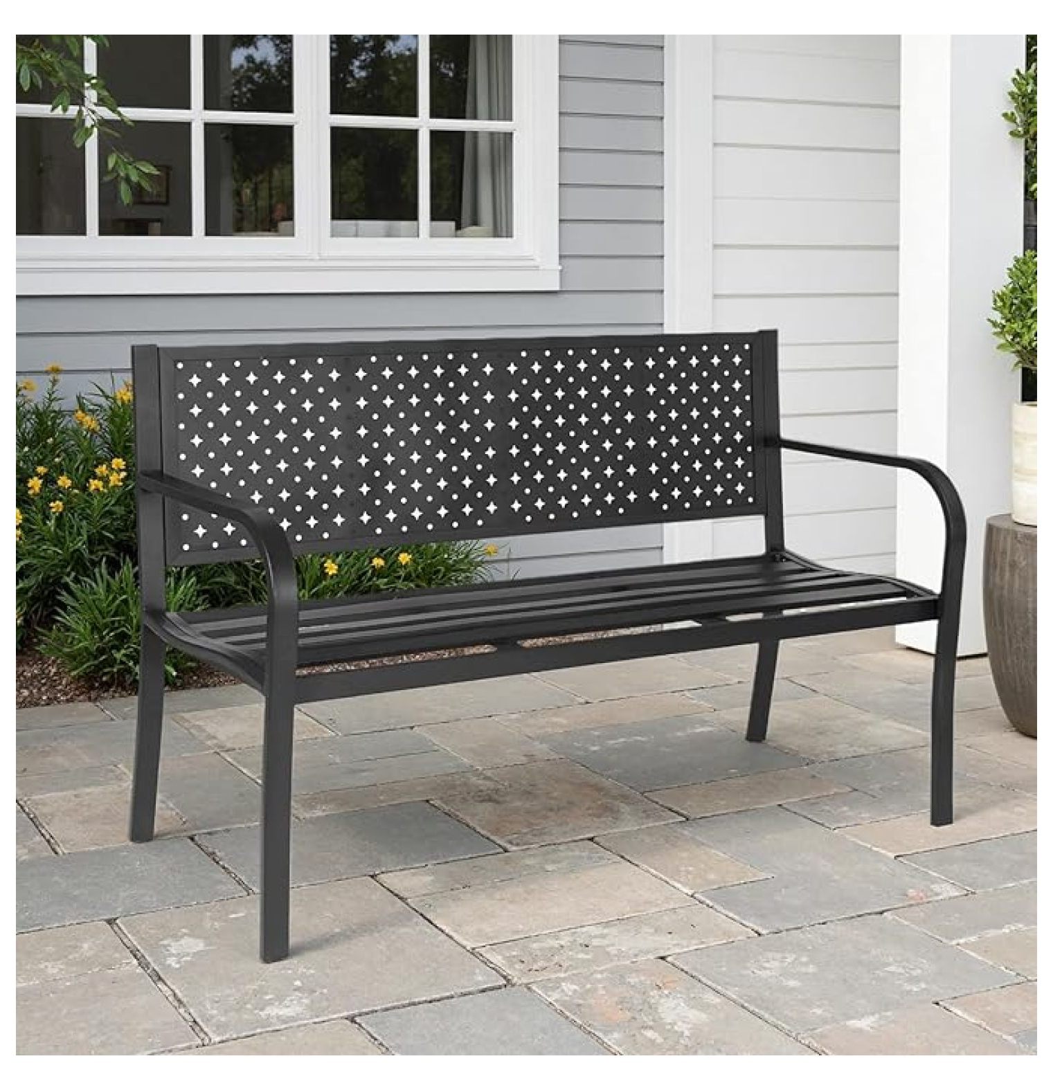 Patio Metal Garden Outdoor Park Benches, Iron Steel Frame Chair Mesh ...