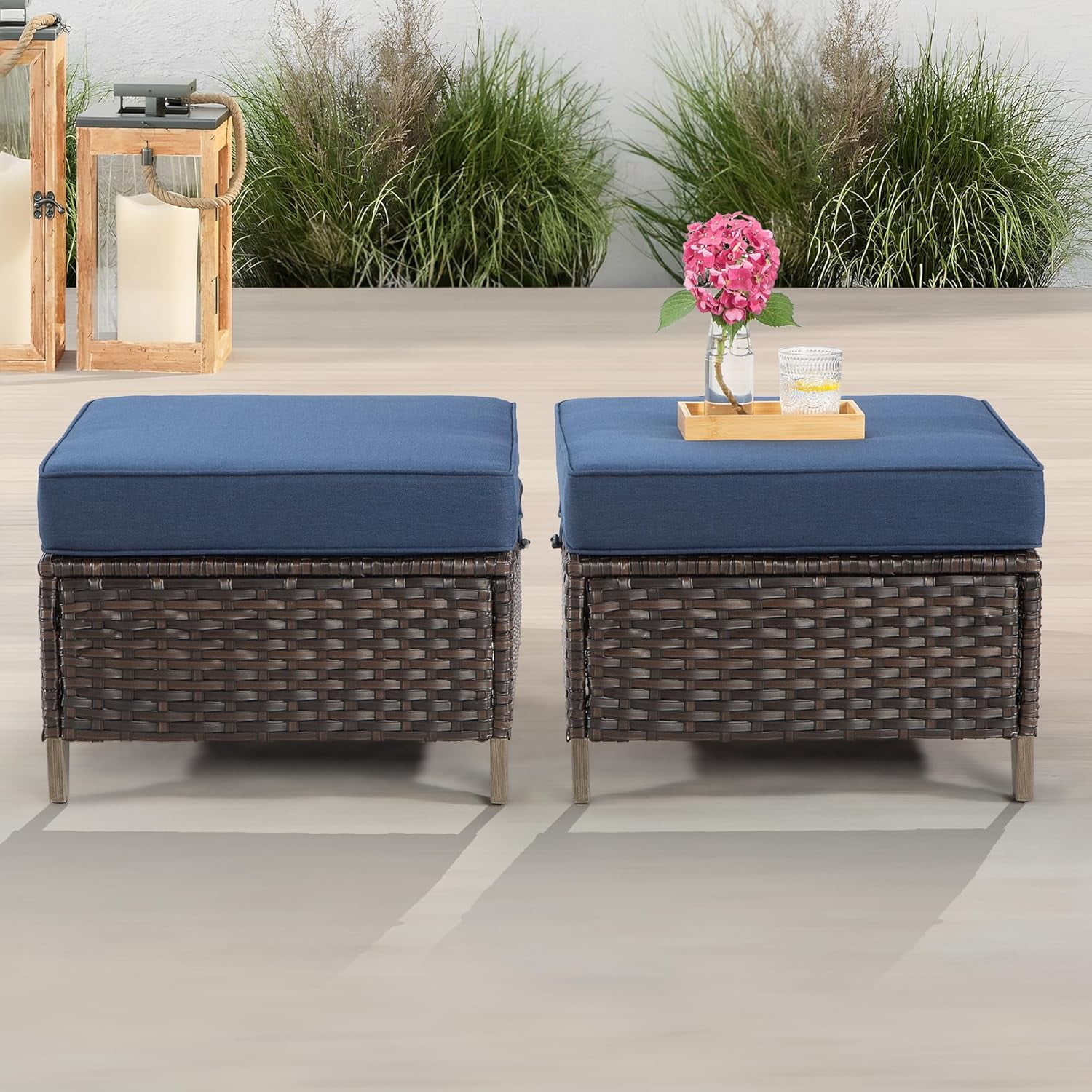 Patio Ottoman Set of 2, All Weather Outdoor Rattan Ottomans Patio ...
