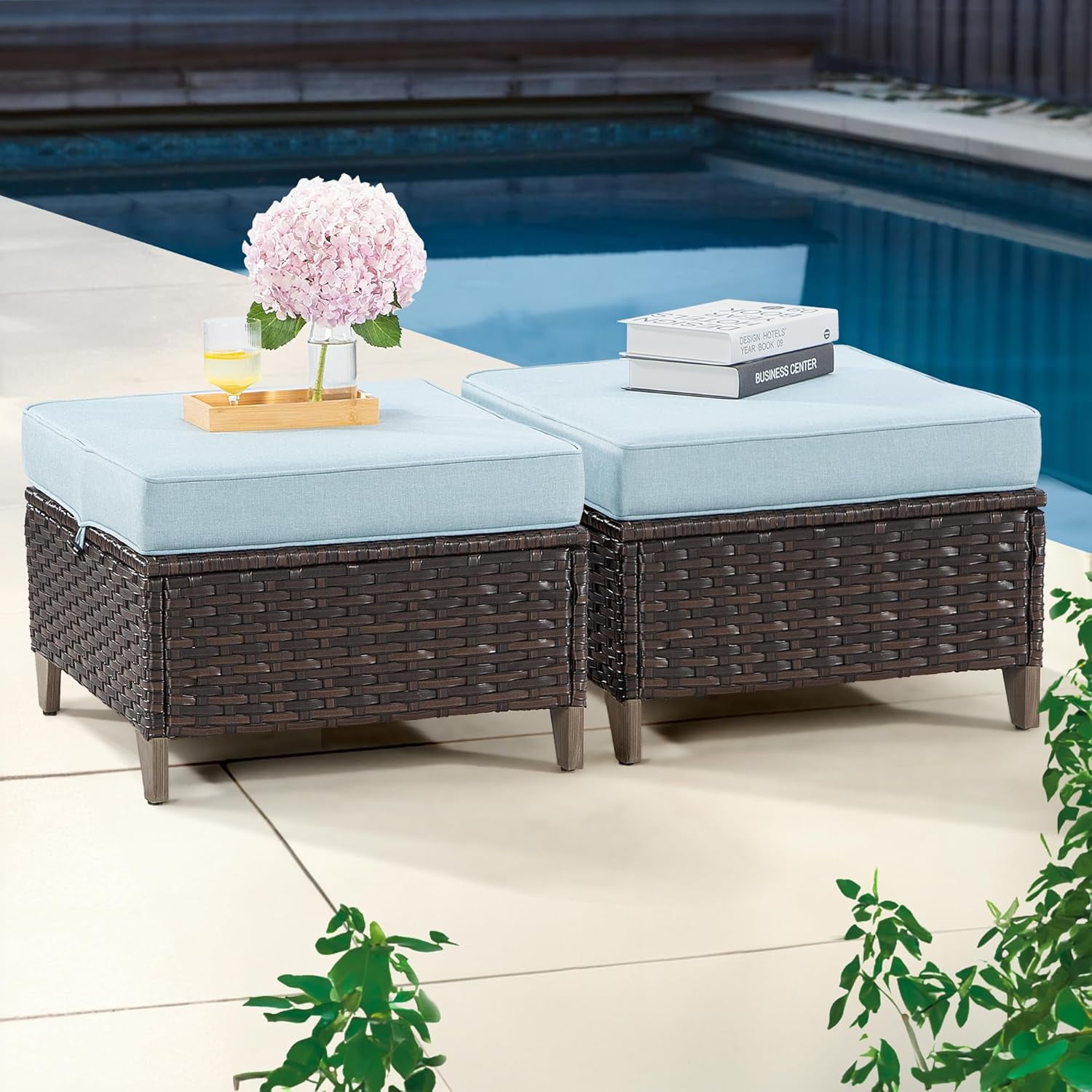 Patio Ottoman Set of 2, All Weather Outdoor Rattan Ottomans Patio Footstools with Removable ...