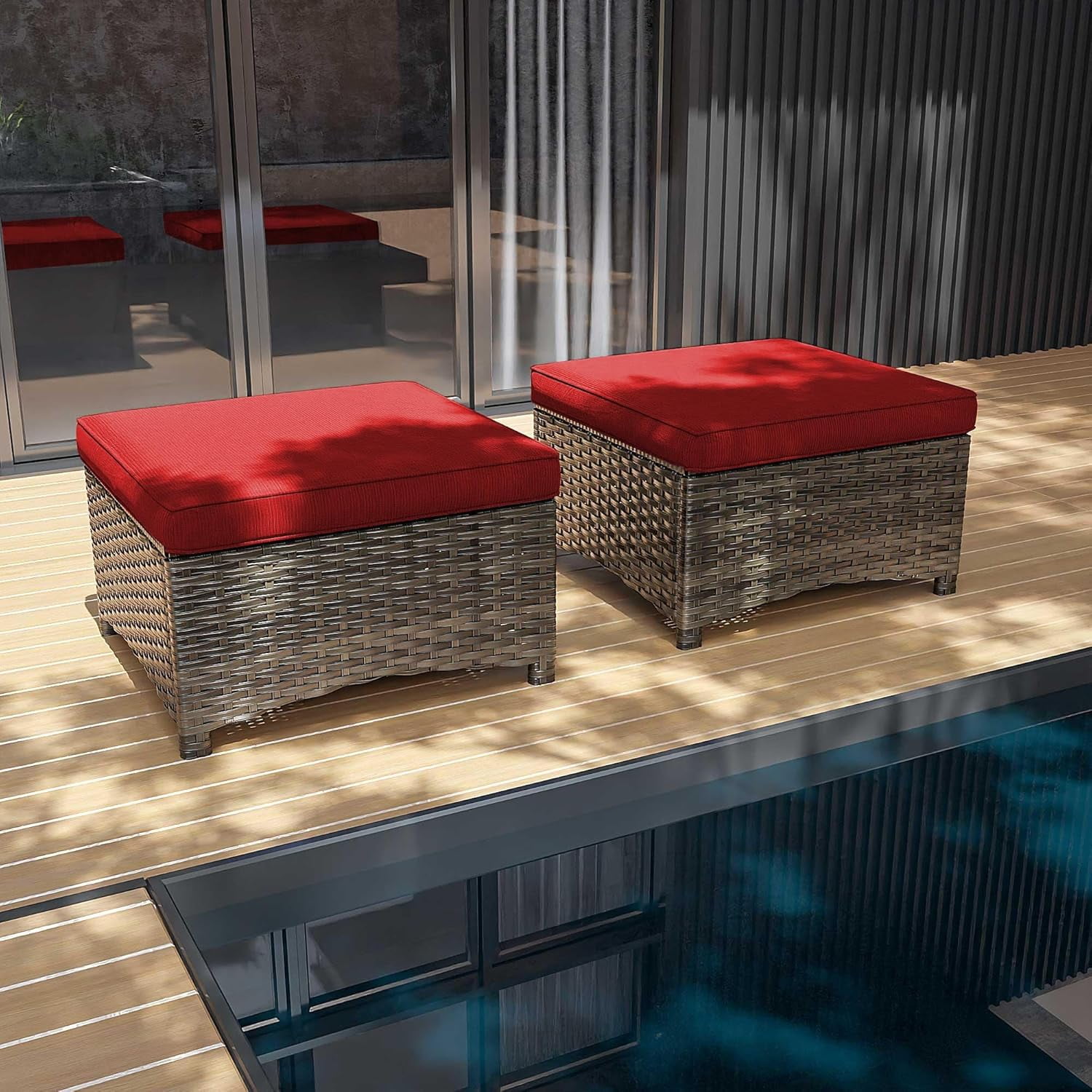 Patio Ottomans Set of 2, Outdoor 22" x 22" PE Wicker Ottoman with Waterproof Cushions, All ...