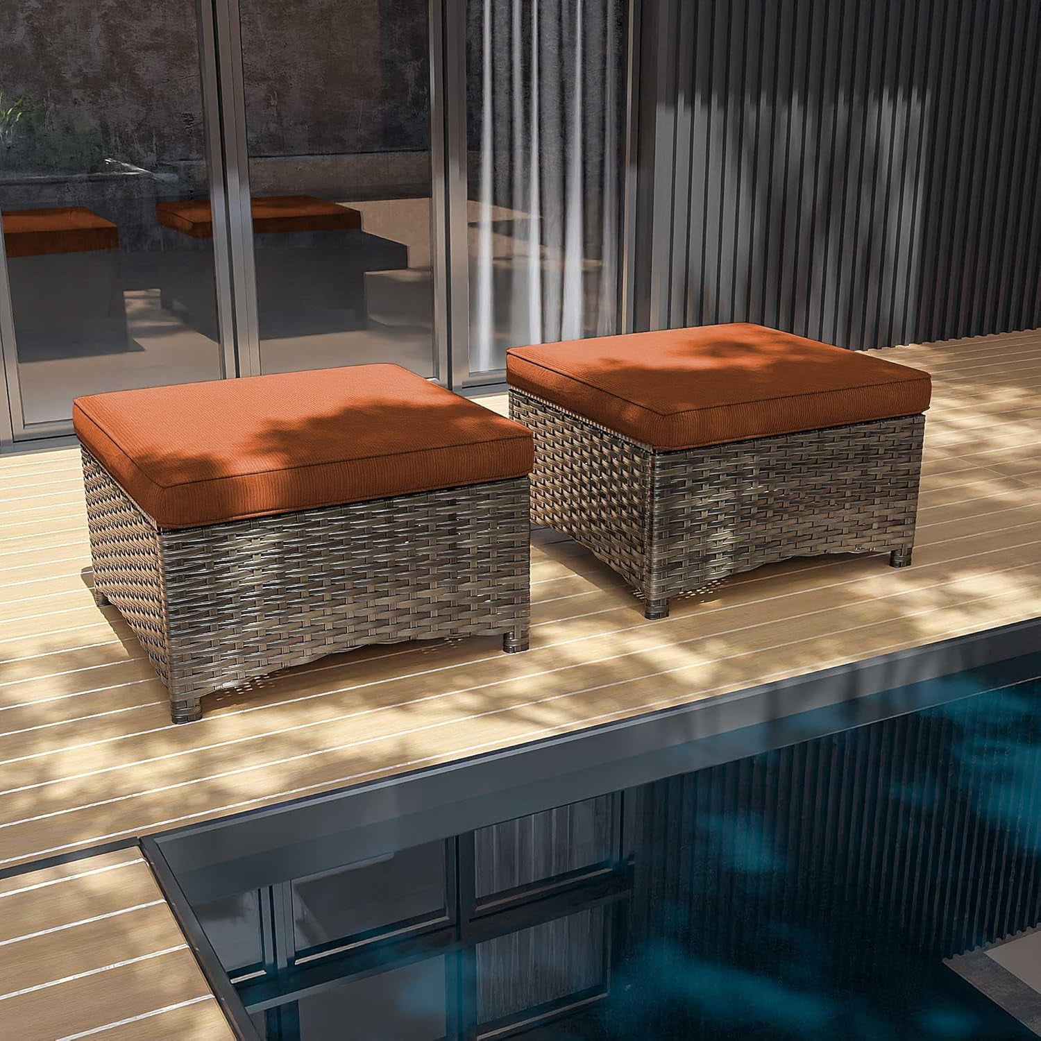 Patio Ottomans Set of 2, Outdoor 22" x 22" PE Wicker Ottoman with Waterproof Cushions, All ...