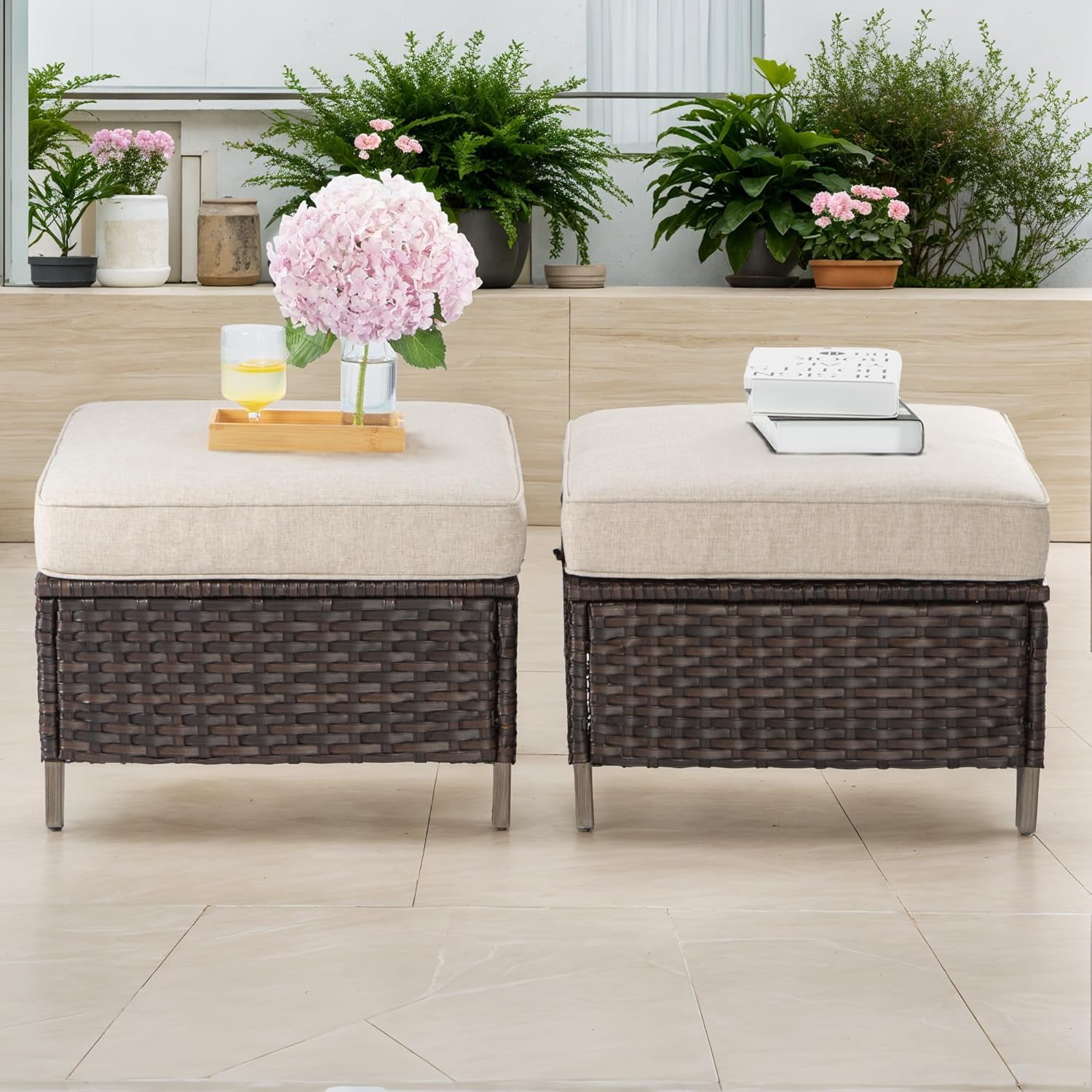 Patio Ottomans Set of 2 PE Wicker Steel Frame Outdoor Footstool with ...