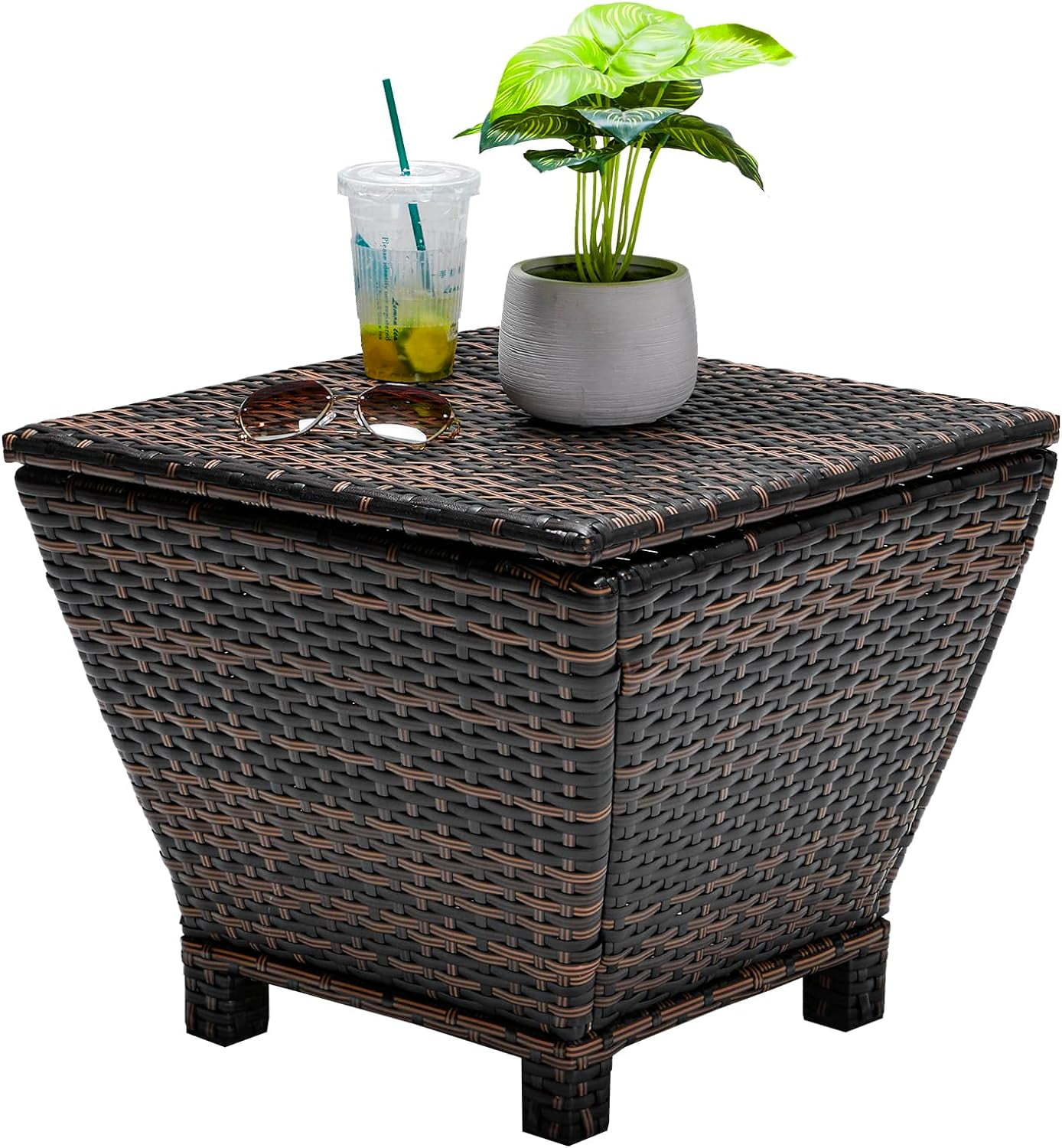 Patio Outdoor Side Table Brown Rattan Wicker End Tables with Hidden ...
