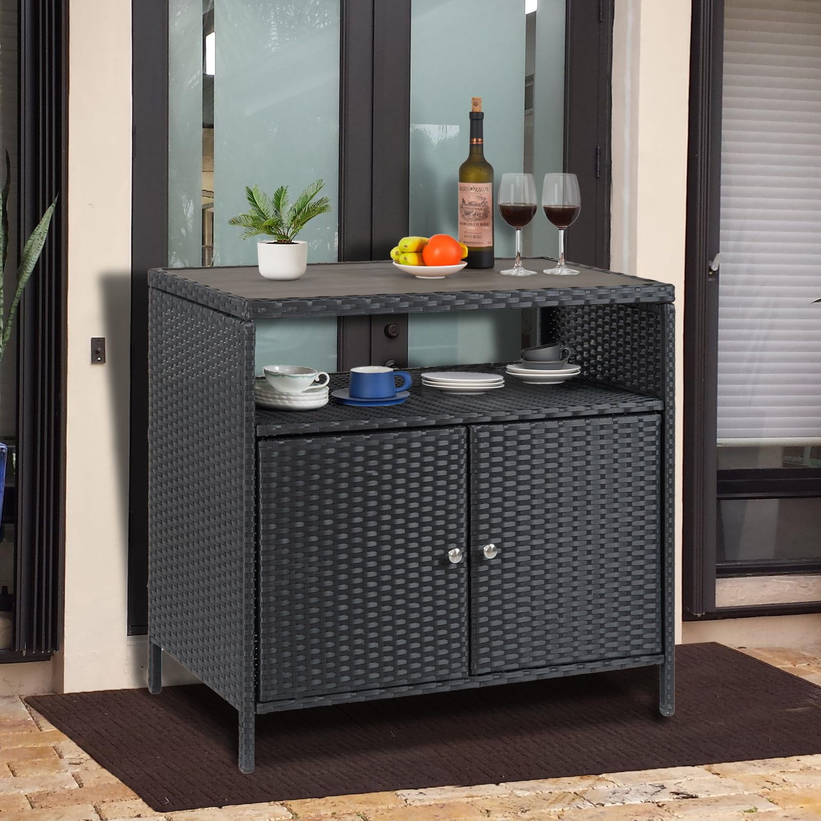 Patio Outdoor Wicker Storage Cabinet with Shelf,Powder Coated Steel ...