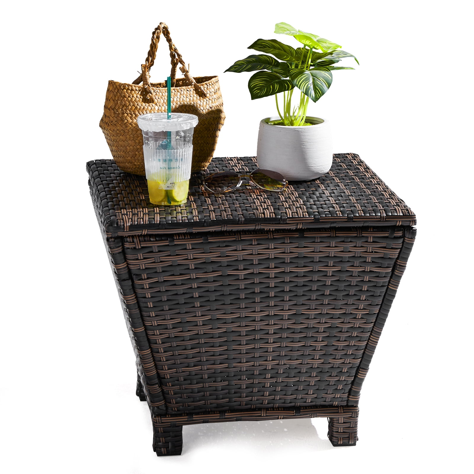 Patio PE Rattan Side Table with Storage, Outdoor Wicker End Table for ...