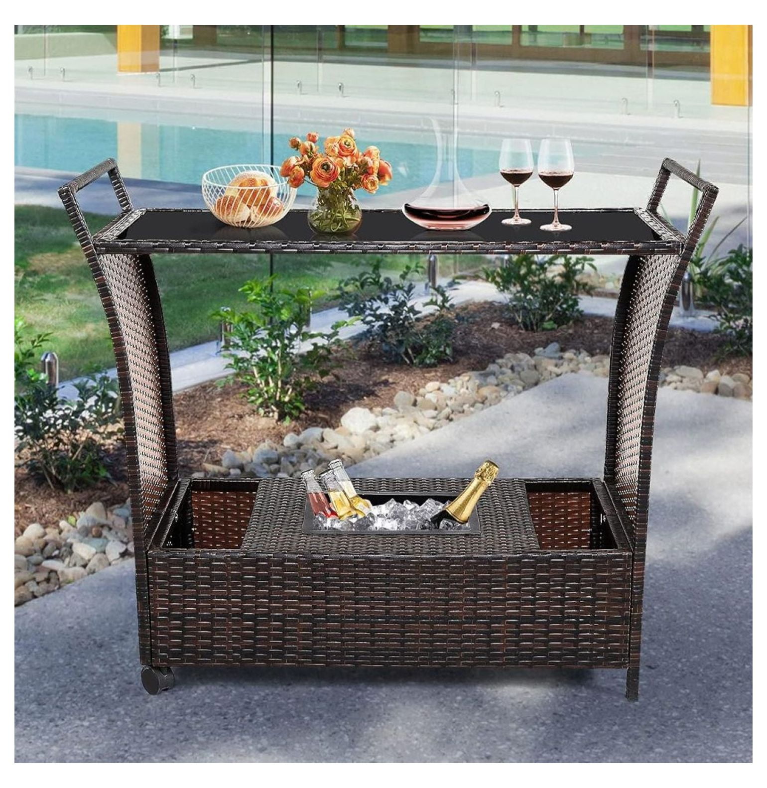Patio Rattan Bar Cart with Glass Top & Handle - Outdoor Serving Trolley ...