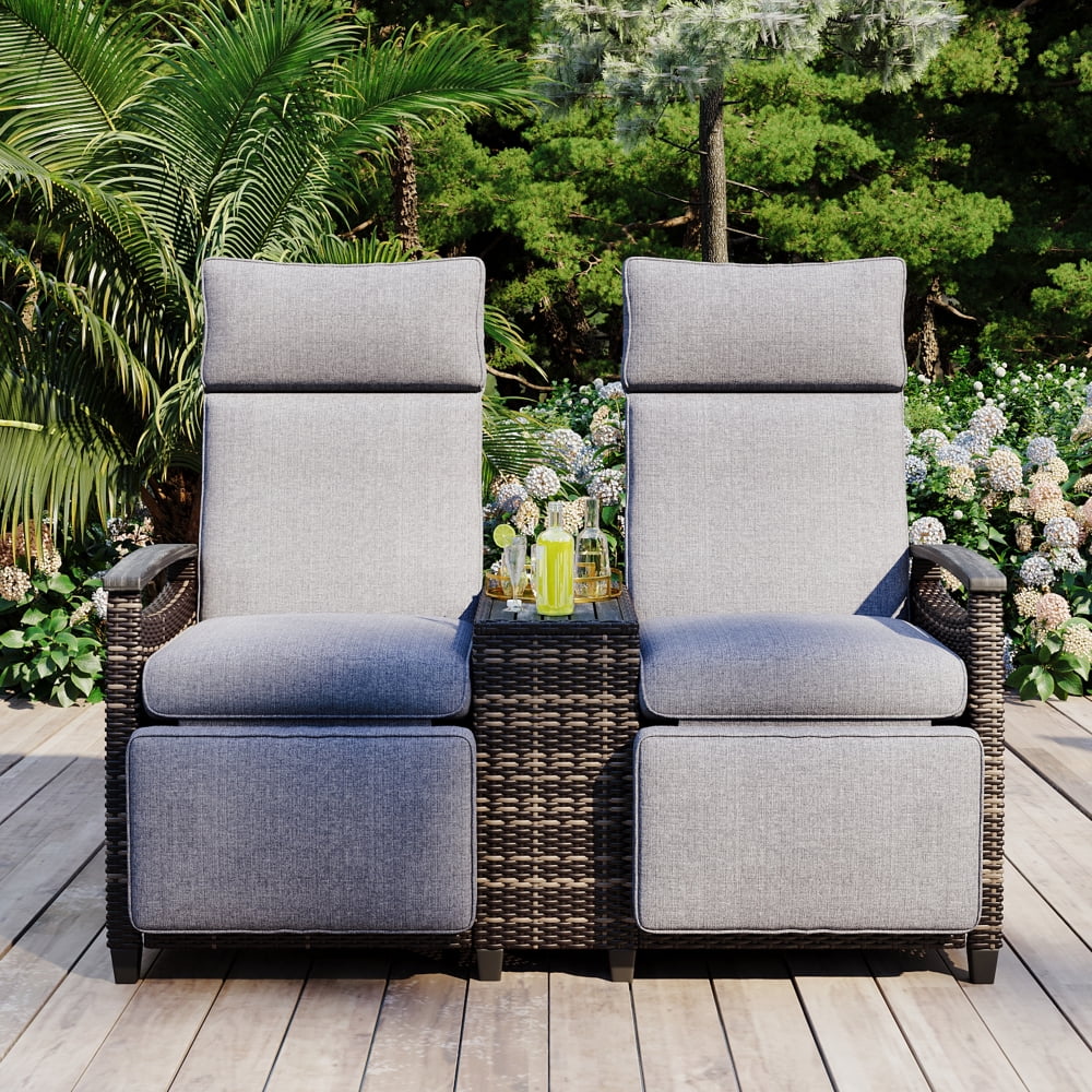 Patio Recliner Loveseat Chair, Adjustable Backrest Wicker Outdoor ...