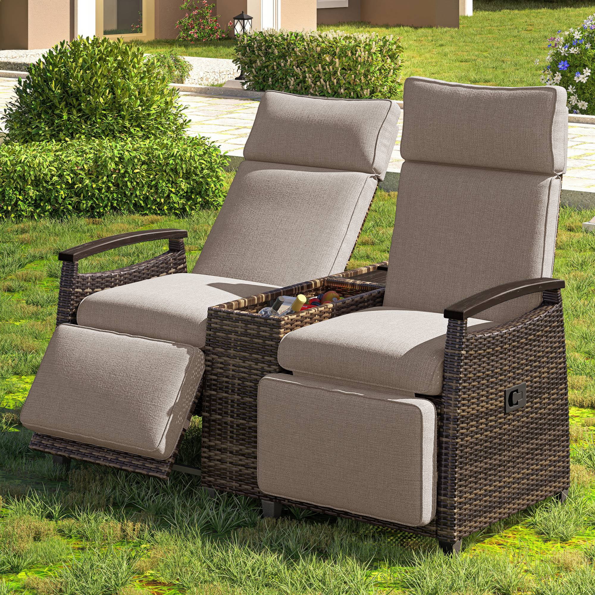 Patio Recliner Loveseat Chair, Adjustable Backrest Wicker Outdoor ...