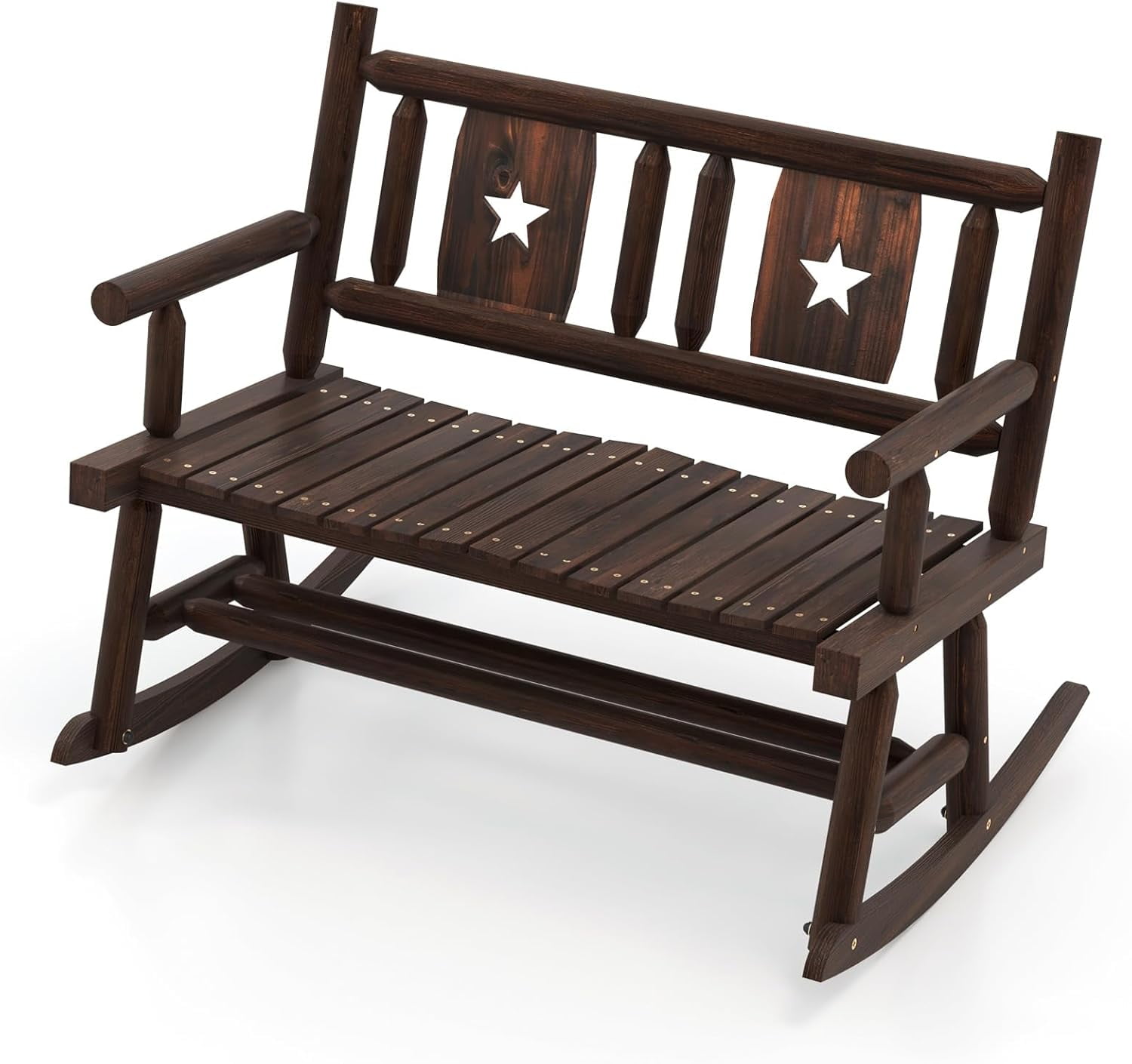 Patio Rocking Bench, Carbonized Wood Double Rocker Chair with Ergonomic ...