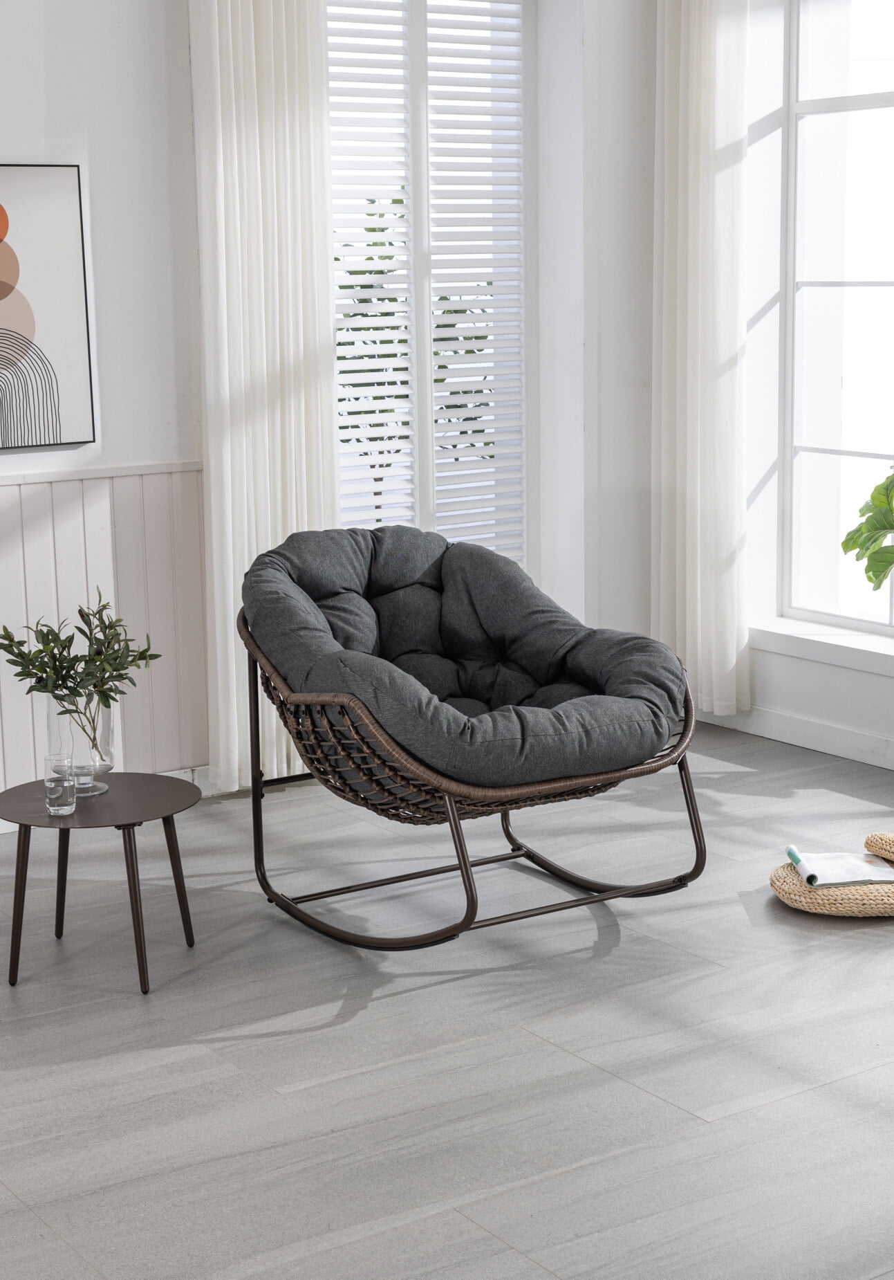 Patio Rocking Chair, Rattan Rocking Chair Egg-Shaped Chair, Padded ...