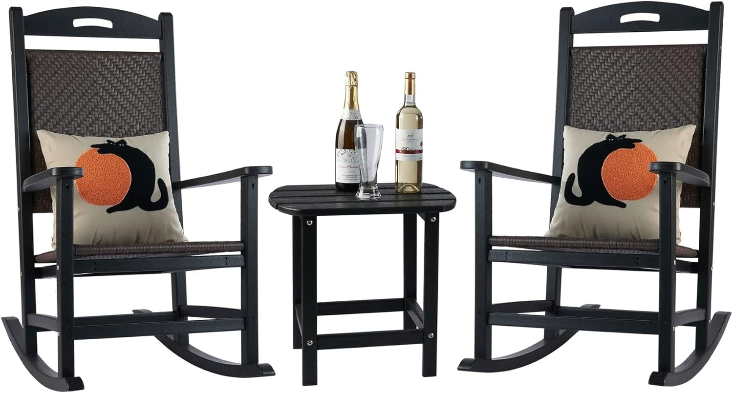 Patio Rocking Chair Set of 3 Rattan High Back Rocking Chair Side Table ...