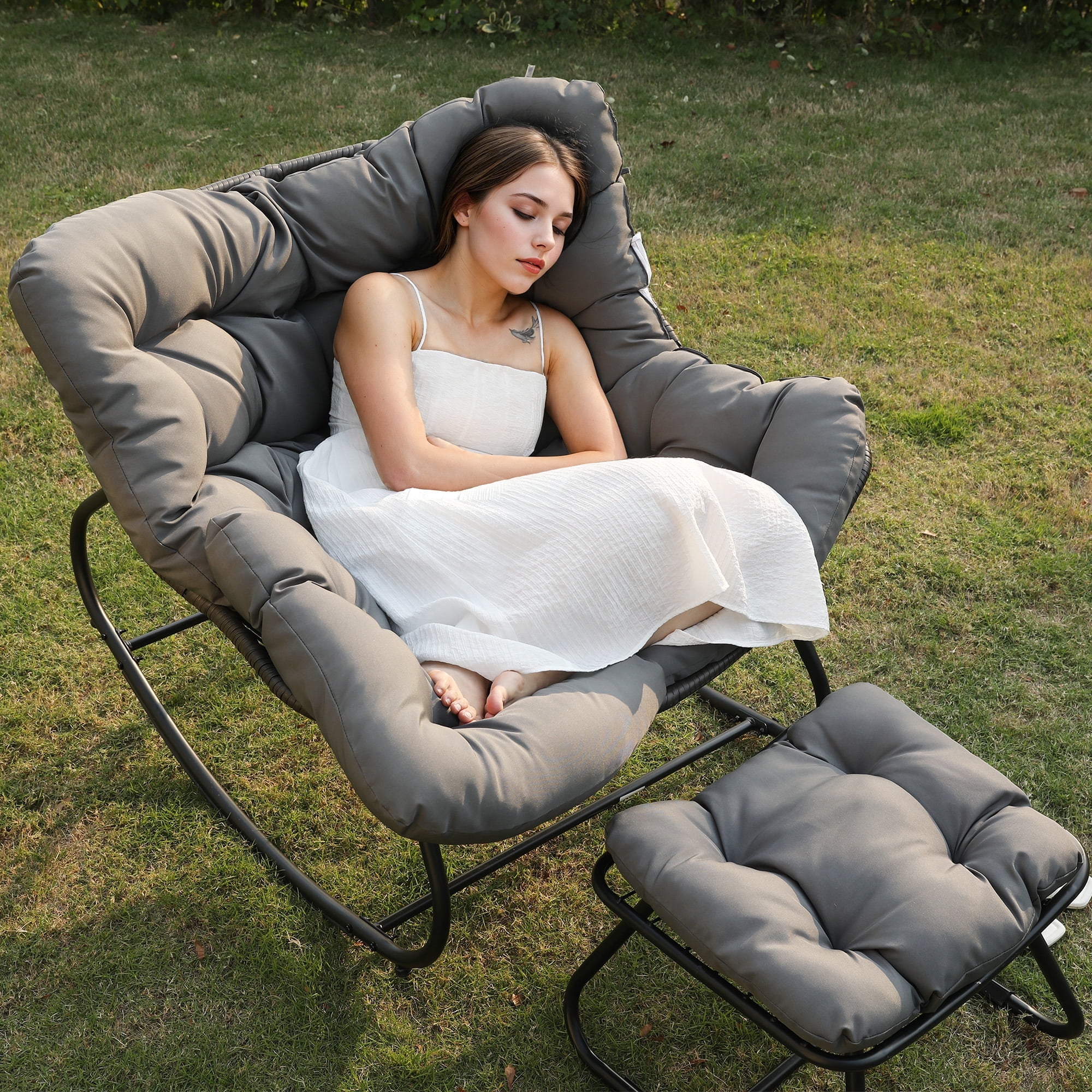 Heynem Patio Rocking Papasan Chair with Ottoman for Outdoor and Indoor ...