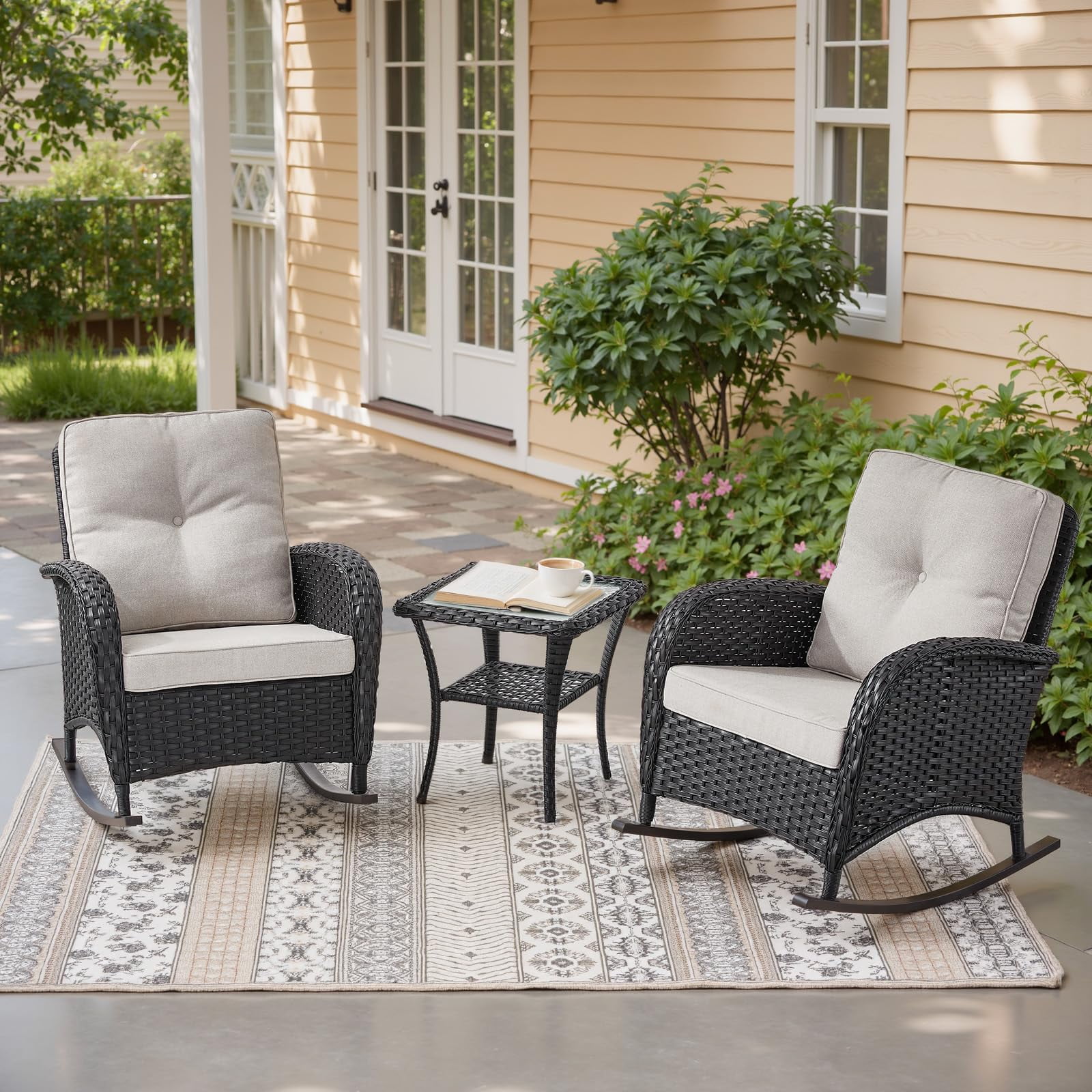 Patio Rocking Chairs Wicker Set - Outdoor Rocking Chairs Set of 2 with ...