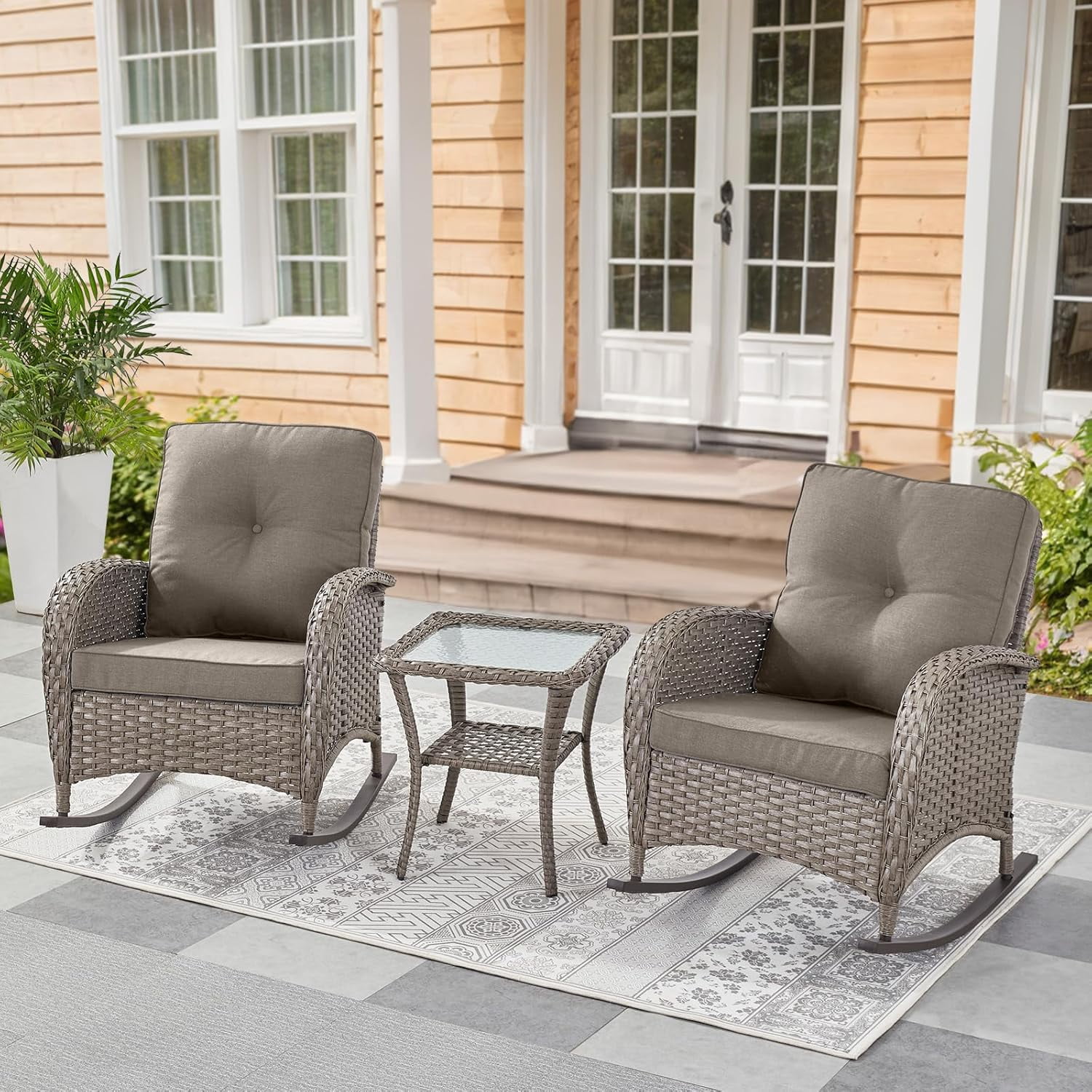 Patio Rocking Chairs Wicker Set - Outdoor Rocking Chairs Set of 2 with ...