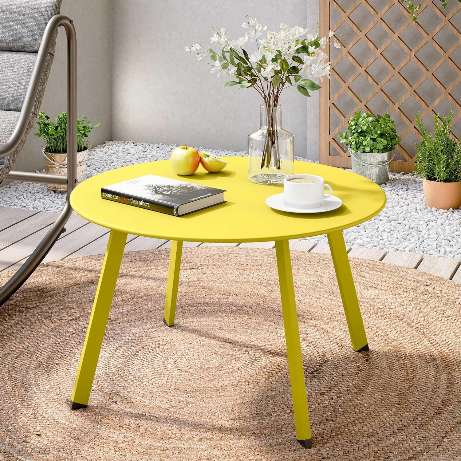Patio Round Coffee Table, 27.6” Weather Resistant Outdoor Metal Patio Side End Table Yellow ...