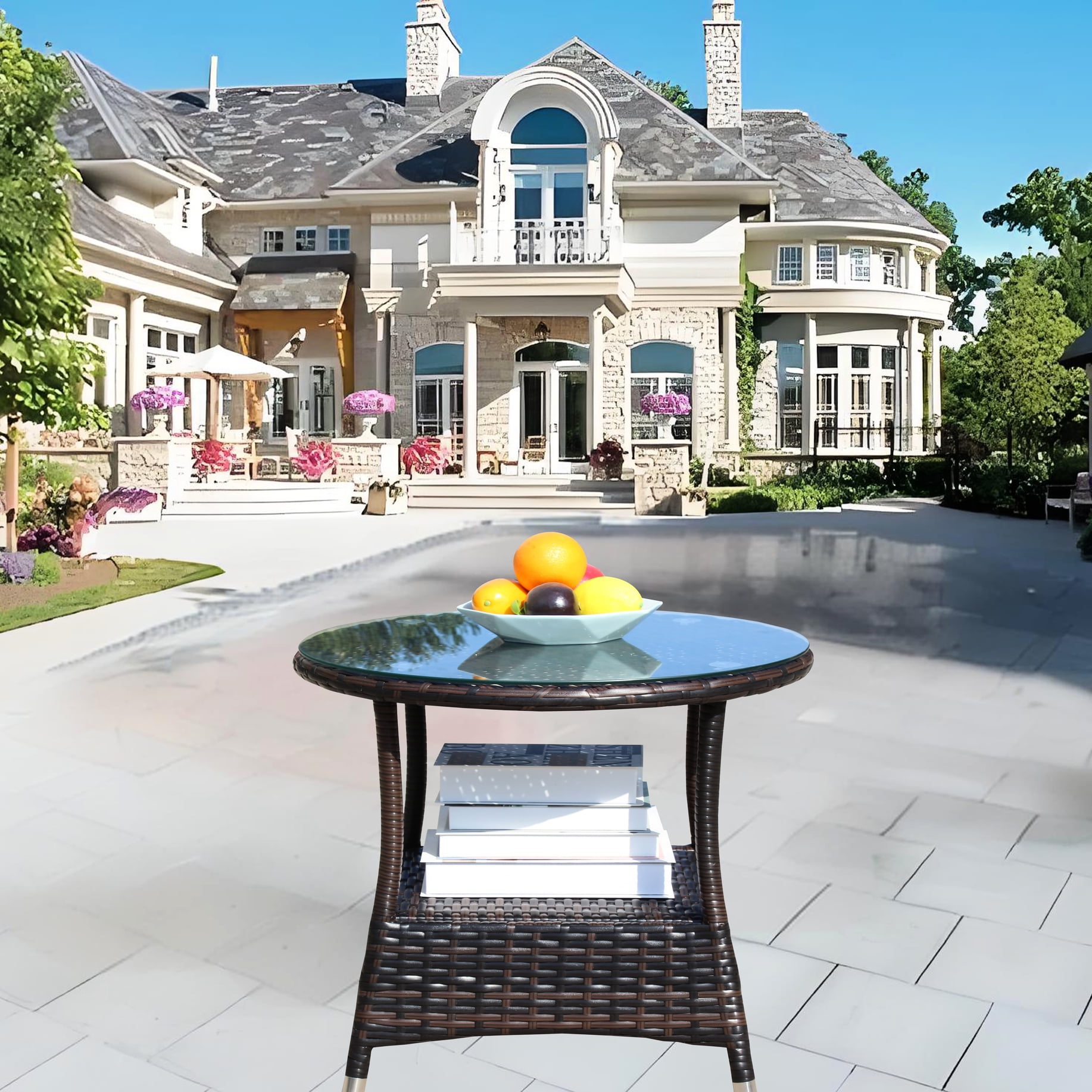 Patio Round Coffee Table With Glass Top - Pe And Metal, 21x21x21 Inch ...