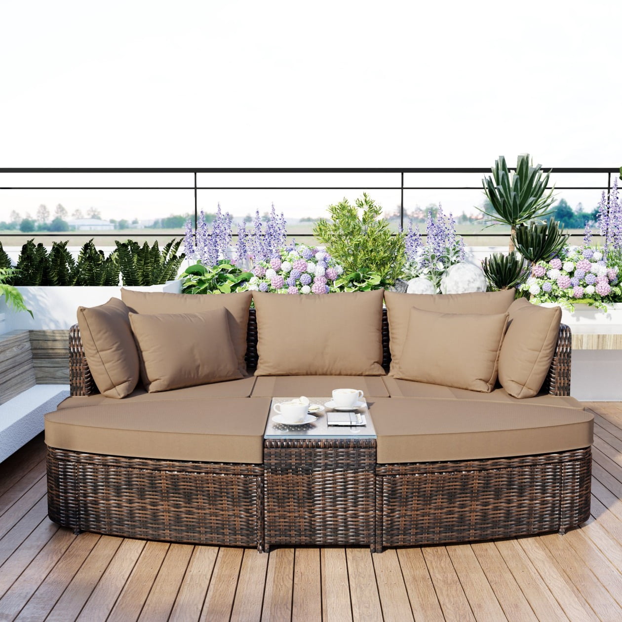 Patio Round Daybed, Outdoor Conversation Round Sofa Set 6-Piece with ...