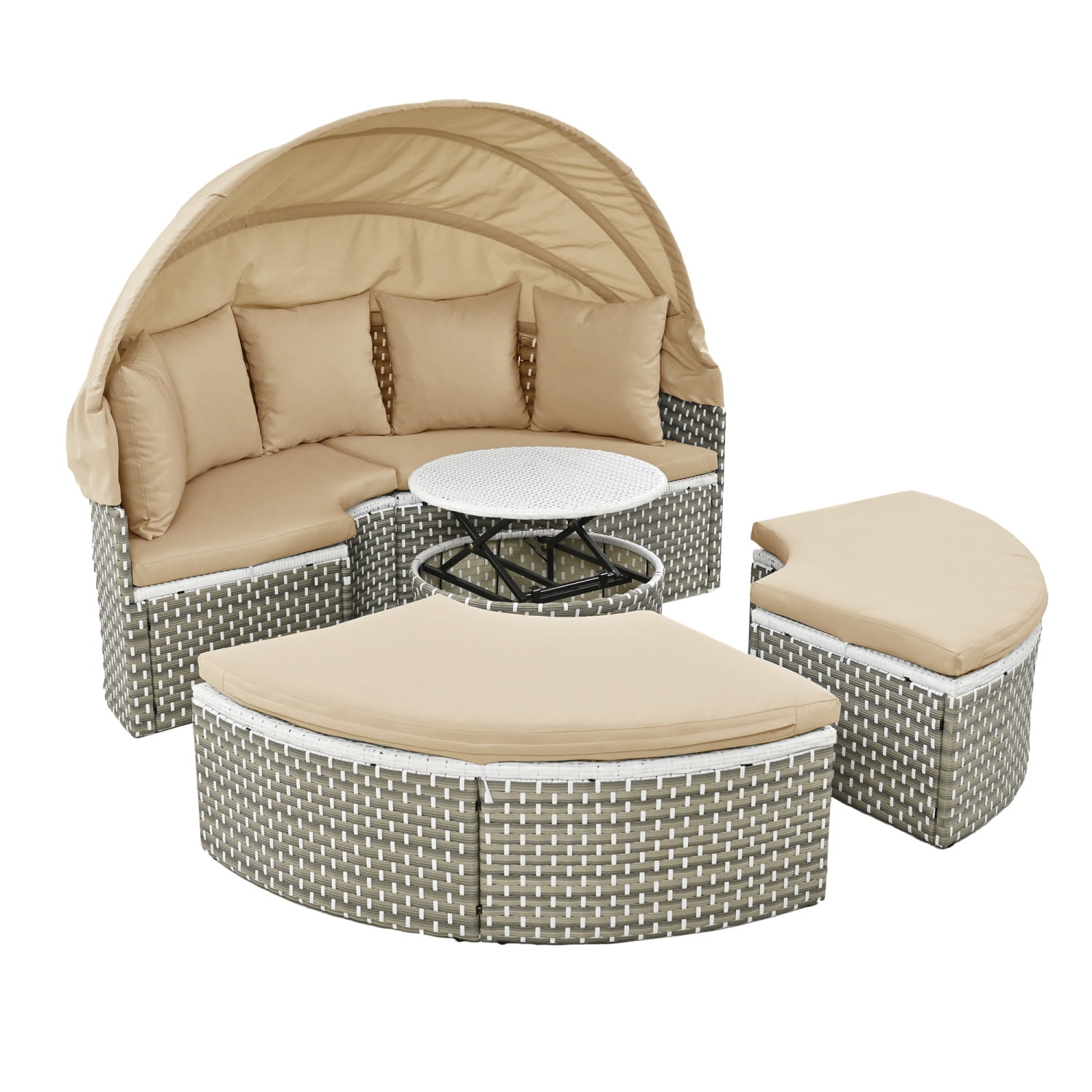 Patio Round Daybed with Retractable Canopy, Wicker Rattan Separated ...