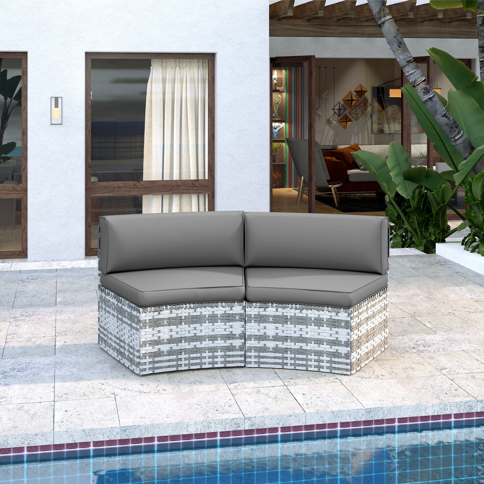 Patio Sectional Furniture Outdoor Grey Rattan Curved Sofa Set with ...