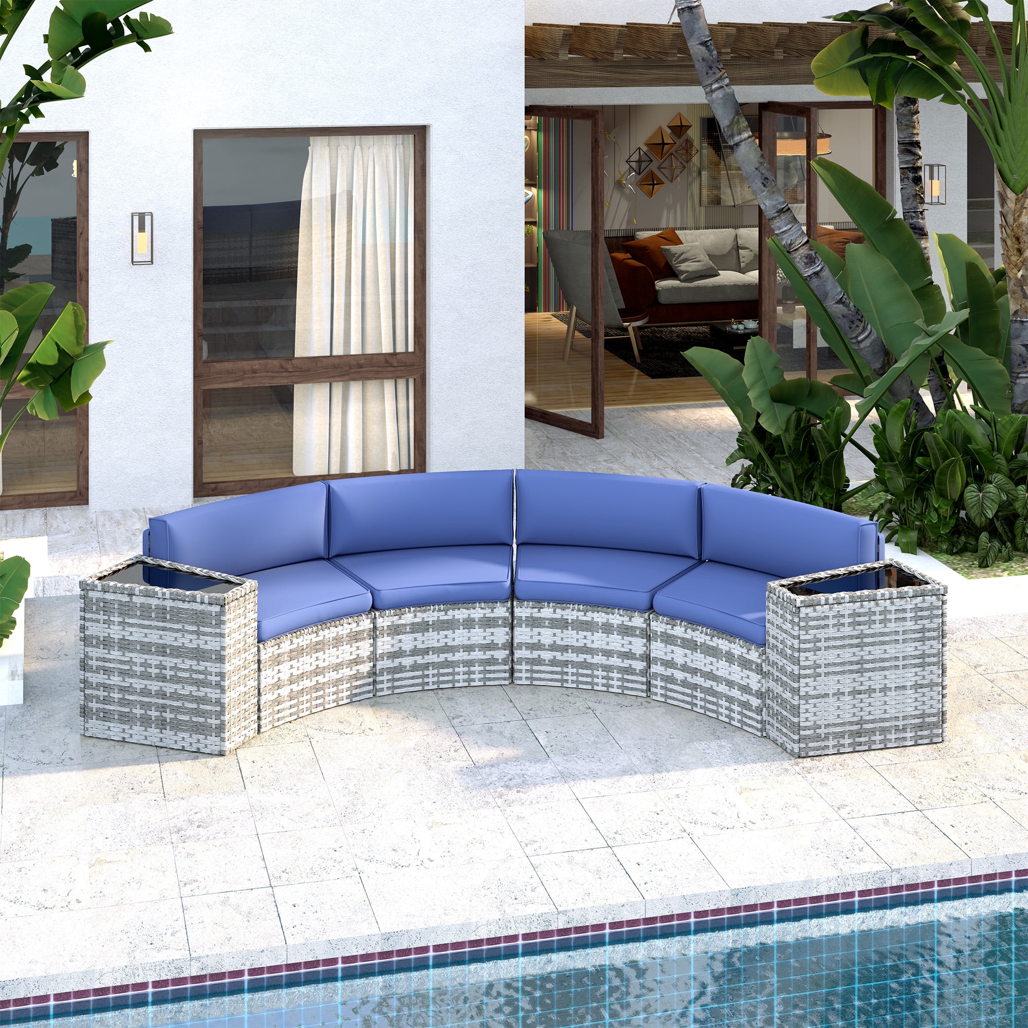 Patio Sectional Furniture Outdoor Grey Rattan Curved Sofa Set with ...