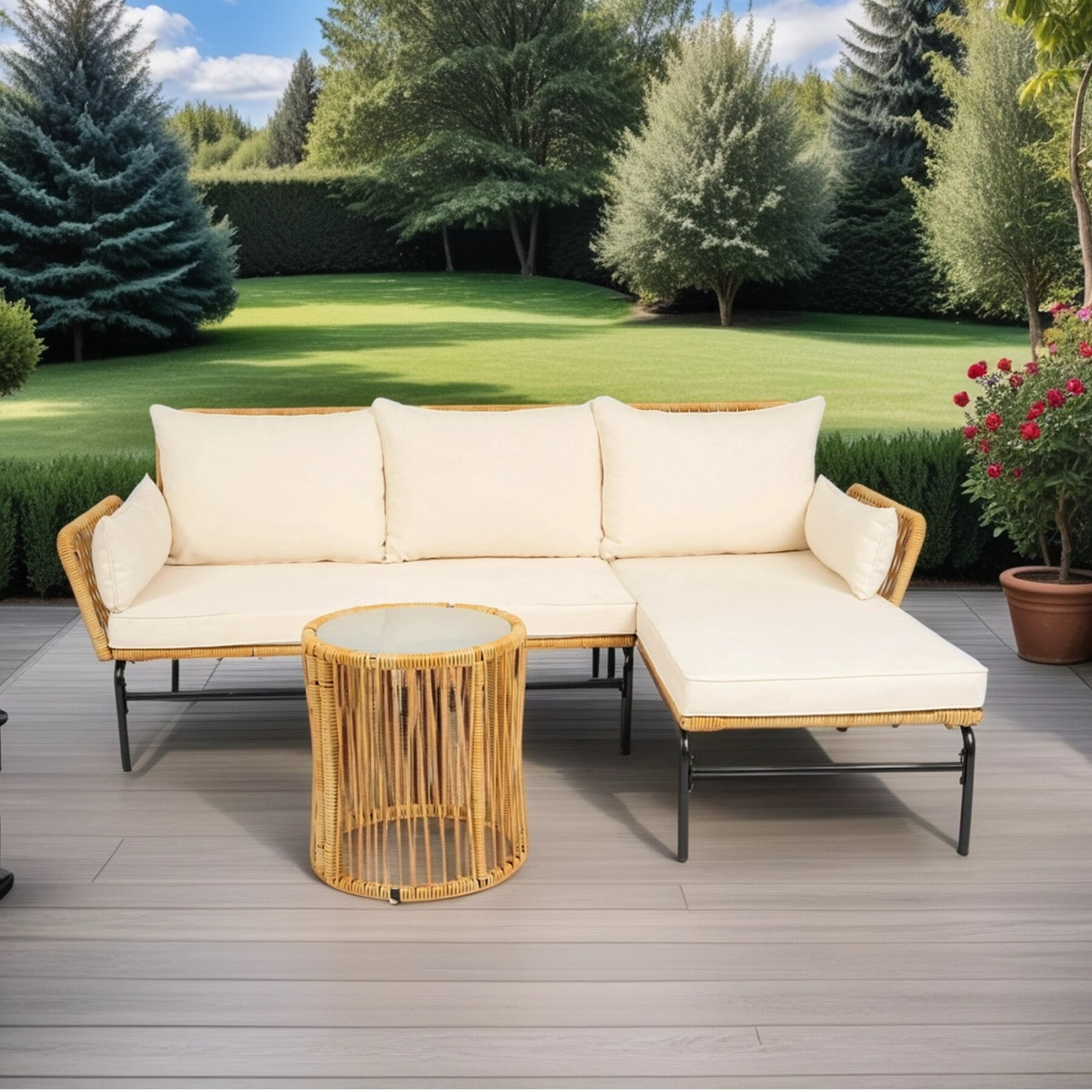Patio Sectional Furniture Set, 3-Piece Rattan Patio Furniture Sets with ...
