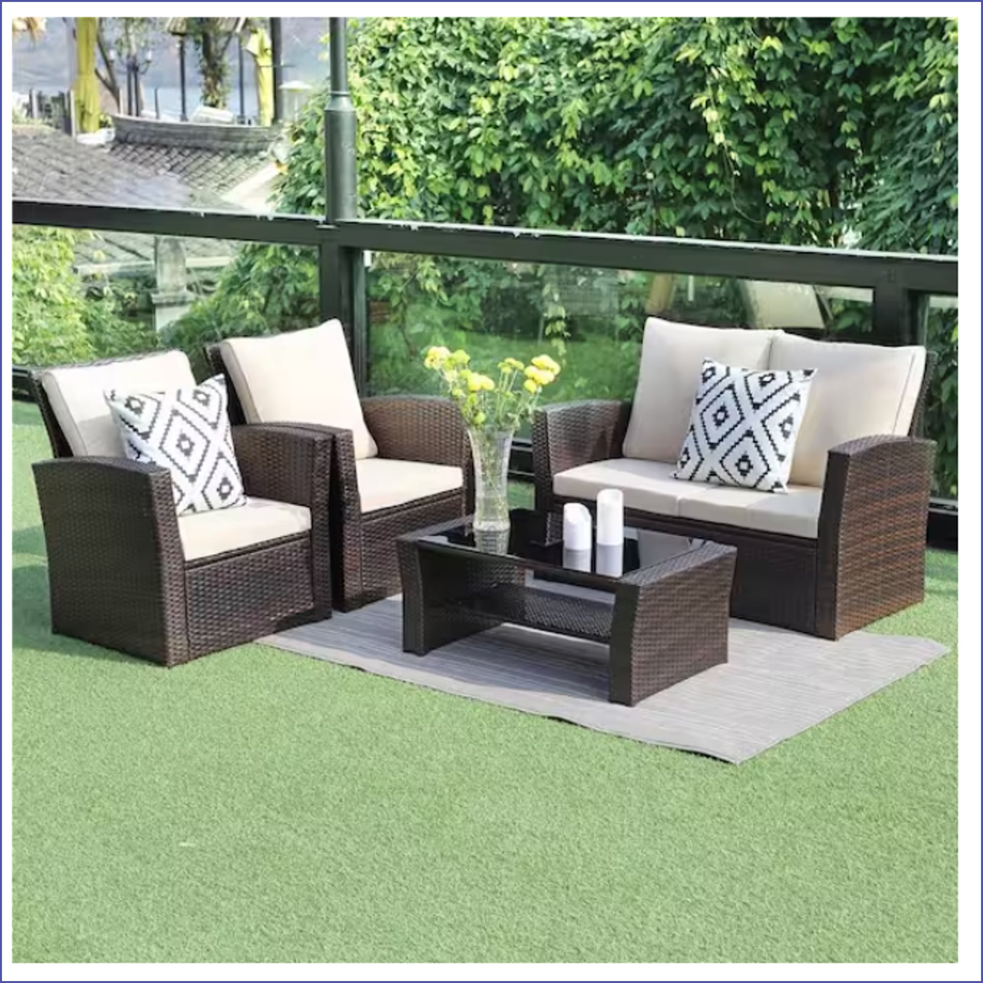 Patio Set 4-Piece Outdoor Modern PE Wicker with Walnut Brown | Walnut ...