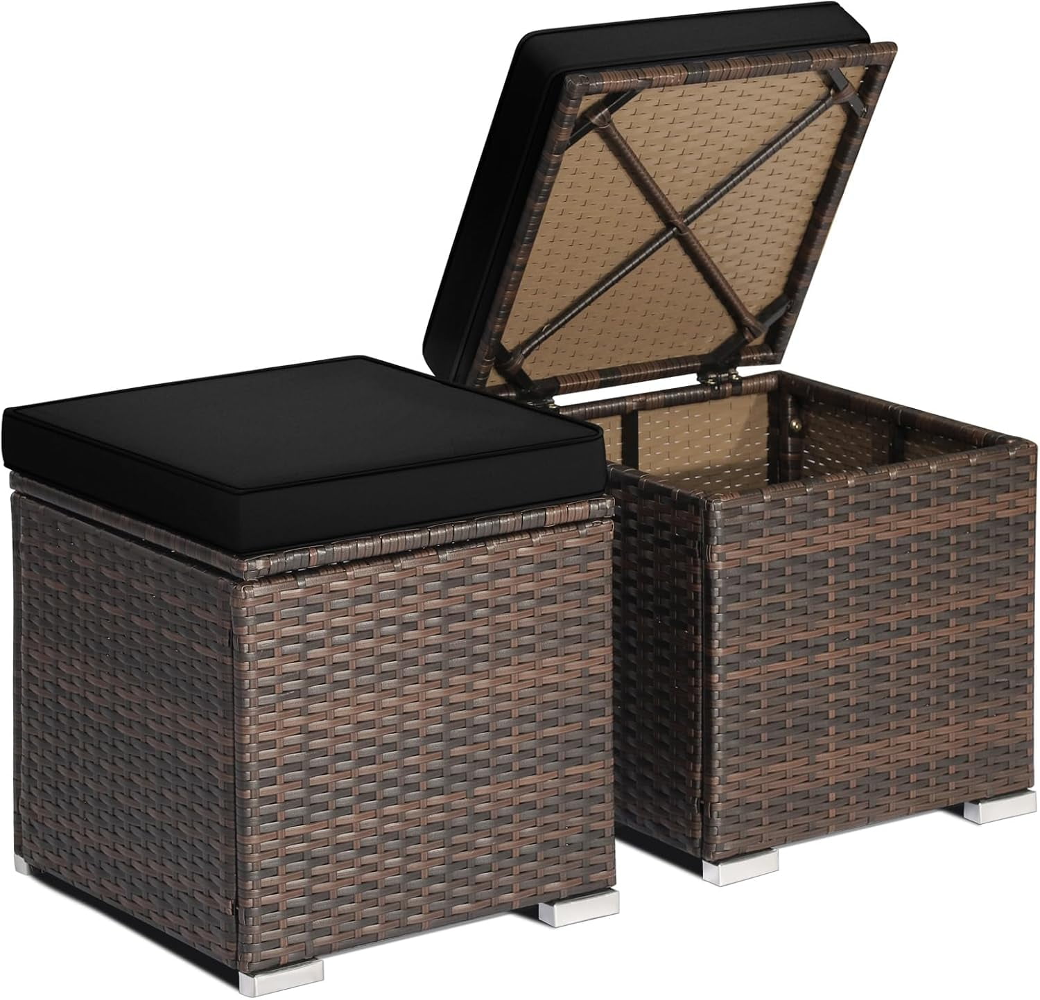 Patio Set of 2, Outdoor Wicker Stools with Storage, Rattan Footrest ...