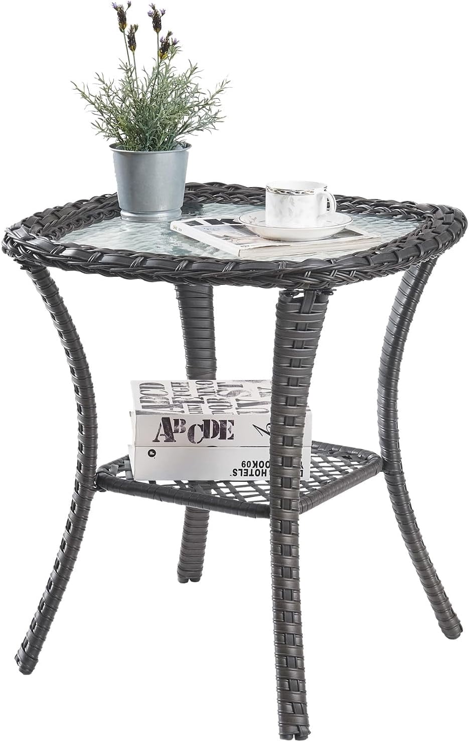 Patio Side Table Glass Wicker Table Outdoor PE Rattan Side Table with ...