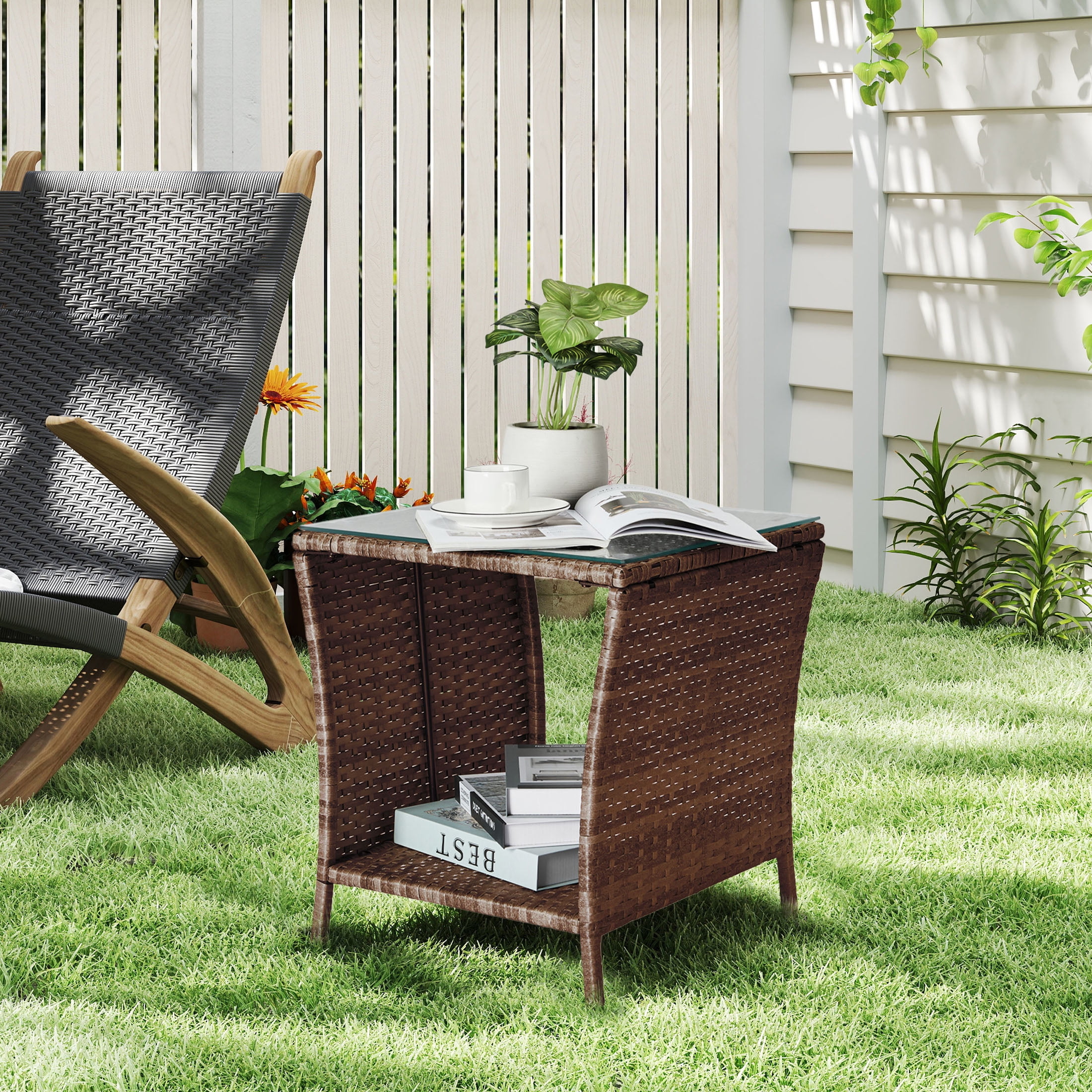 Patio Side Table, Outdoor PE Wicker Side Table with Tempered Glass ...