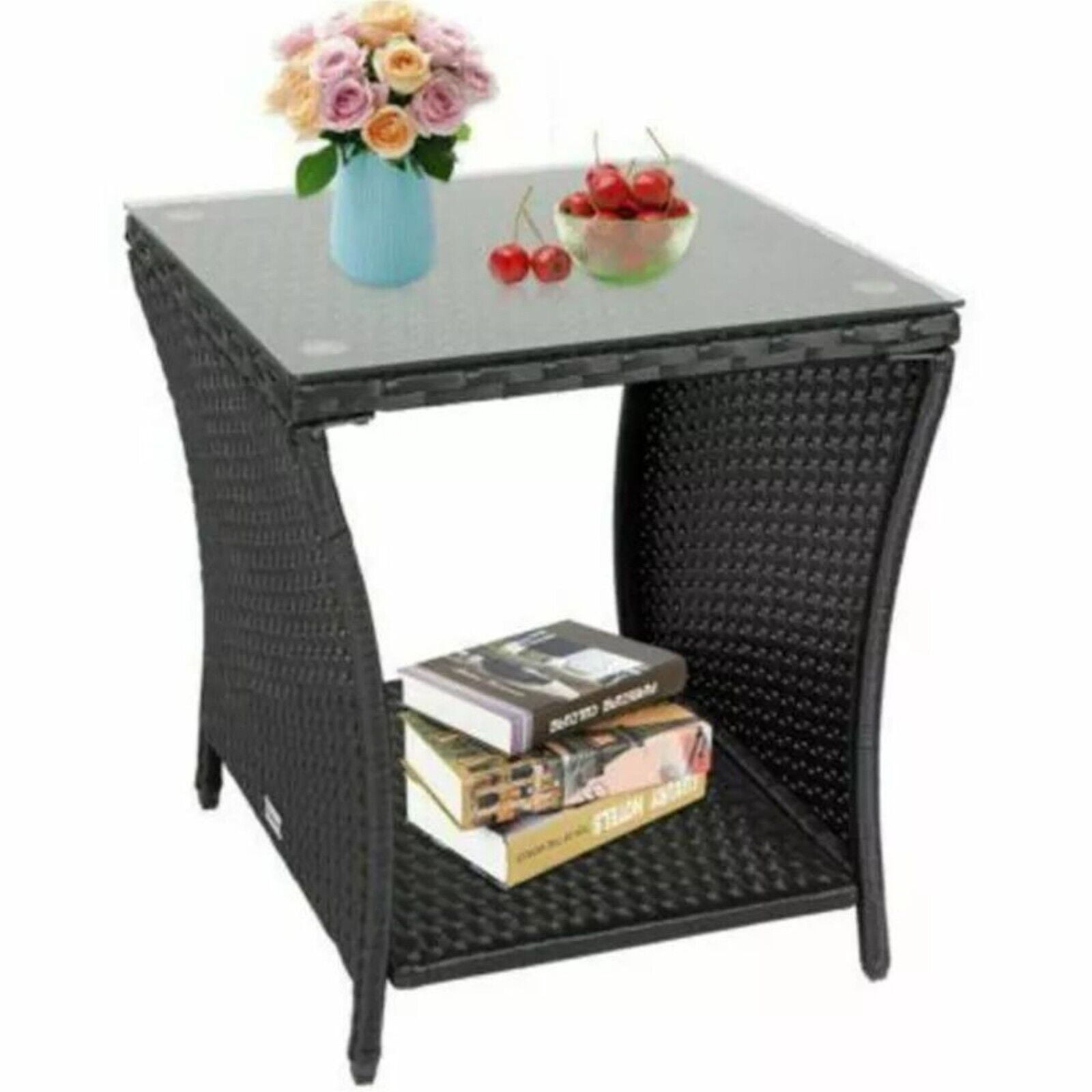 Patio Side Table Wicker Rattan W/Glass Outdoor Garden Coffee Tee Table ...