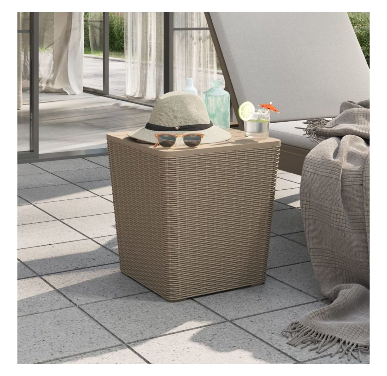 Patio Side Table with Removable Lid - Light Brown Polypropylene Outdoor Table - 15.2x15.2x16.5in ...