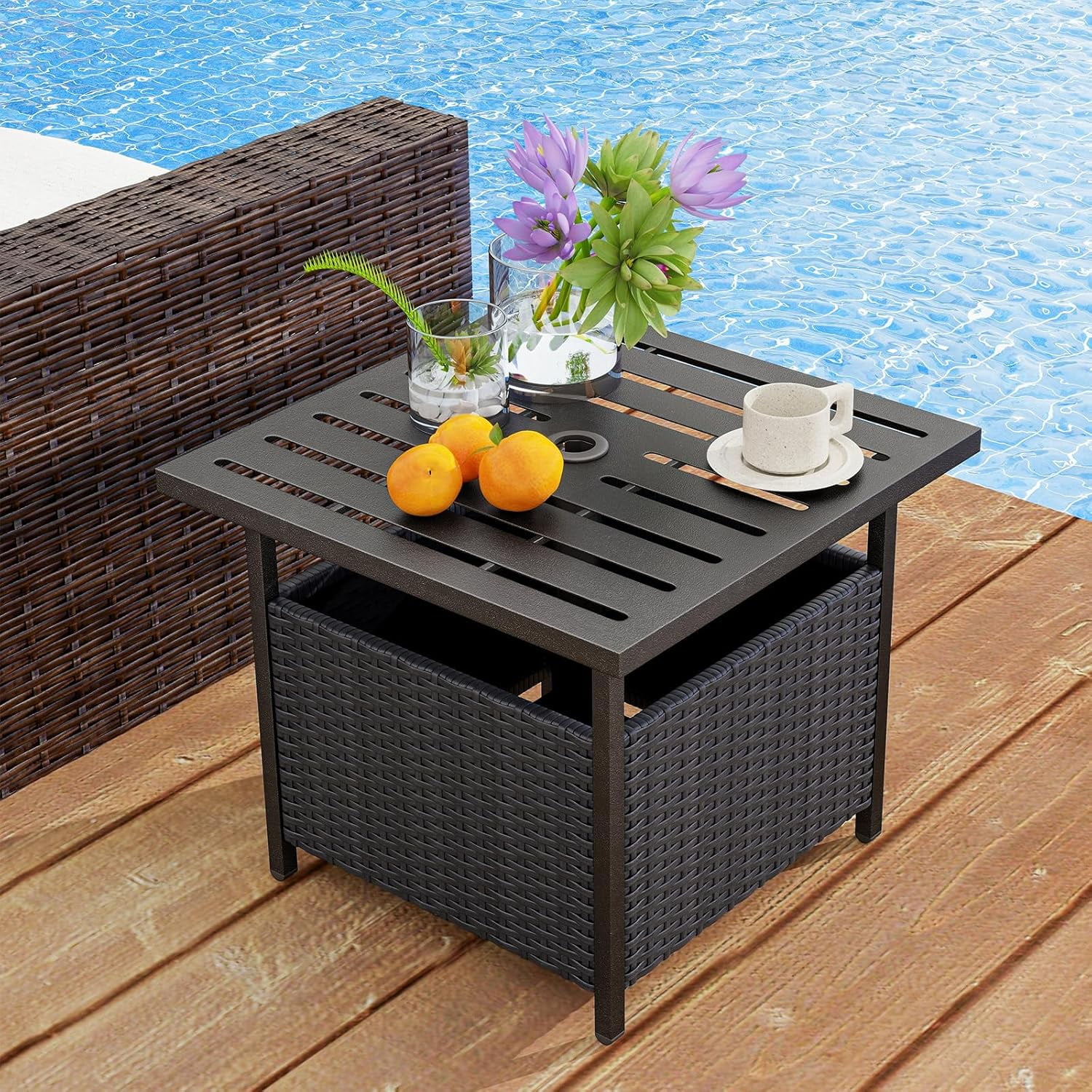 Patio Side Table with Umbrella Hole, 22" Rattan Wicker Umbrella Stand ...