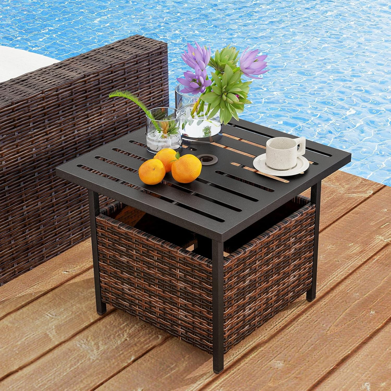 Patio Side Table with Umbrella Hole, 22" Rattan Wicker Umbrella Stand ...