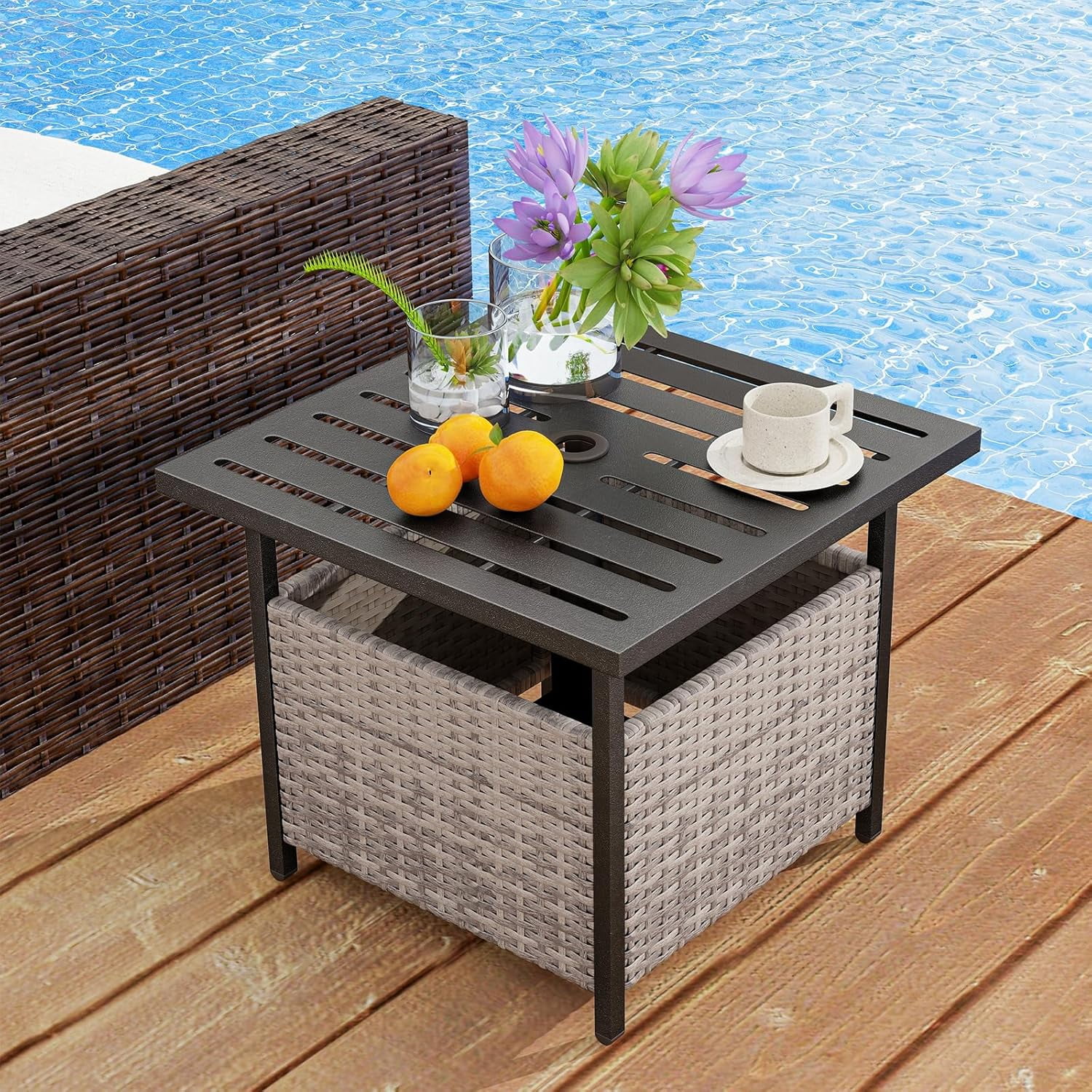Patio Side Table with Umbrella Hole, 22" Rattan Wicker Umbrella Stand ...