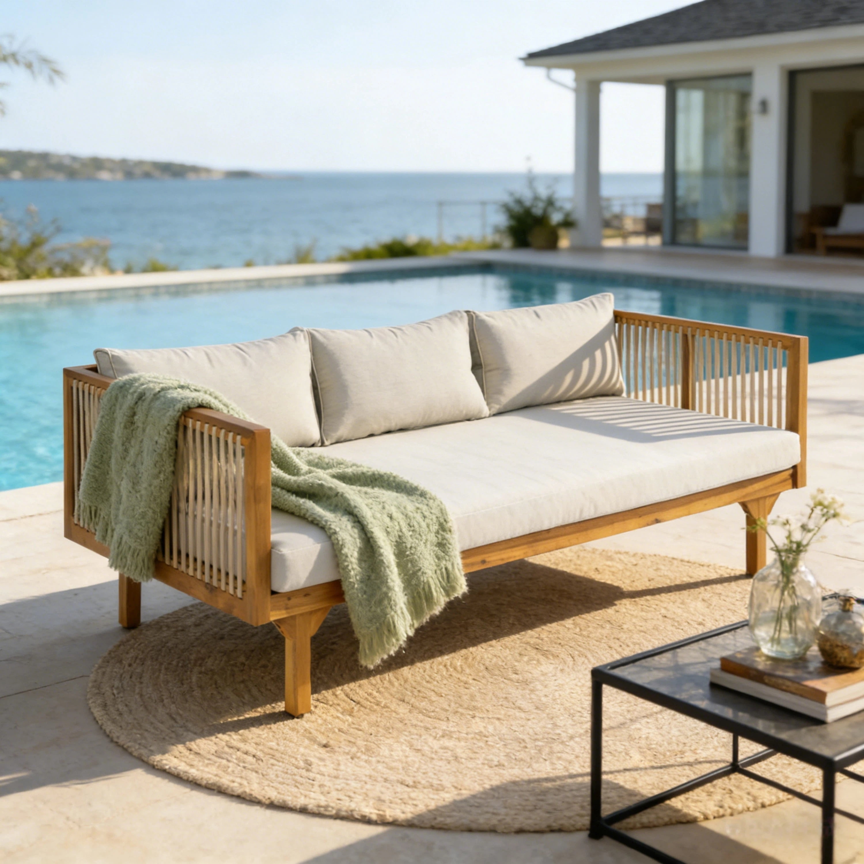 Patio Sofa, Outdoor Light Gray Cushion Sofa with Light Brown Rope ...