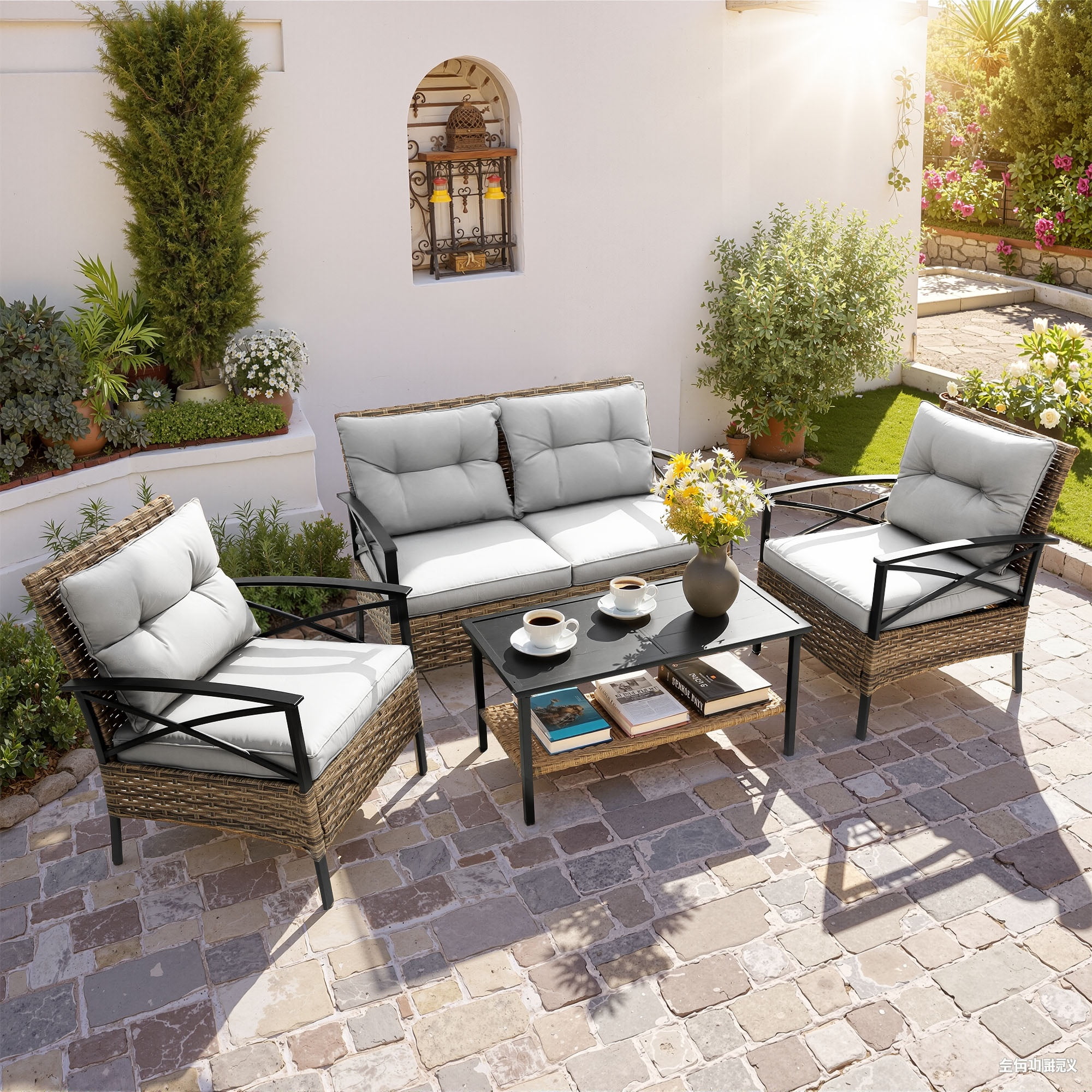 4-Piece Patio Sofa Set, All-Weather PE Rattan Wicker, Cushioned with ...