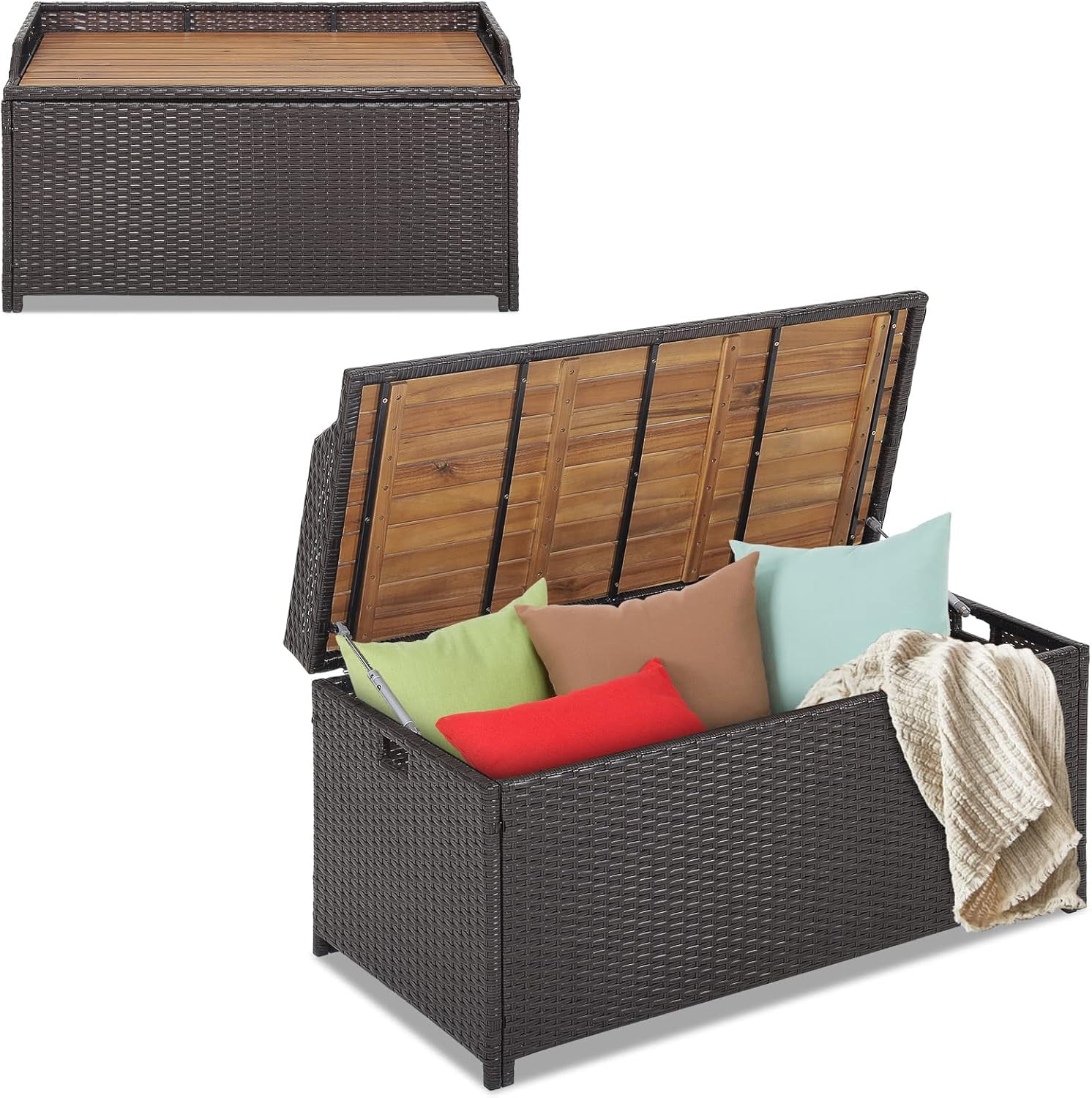 Patio Storage Bench Rattan Wicker Deck Box with Acacia Wood Seat, Gas ...