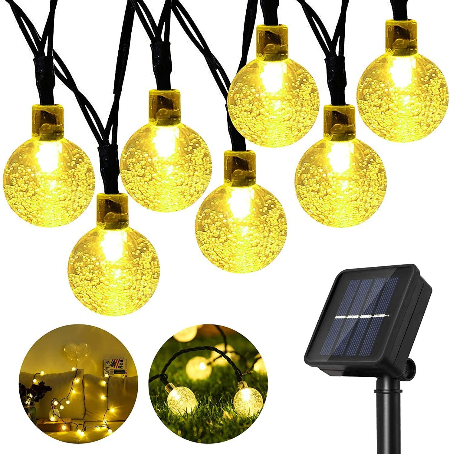 Patio String Lights Solar Powered,23Ft 50 LED Crystal GlobeOutdoor ...