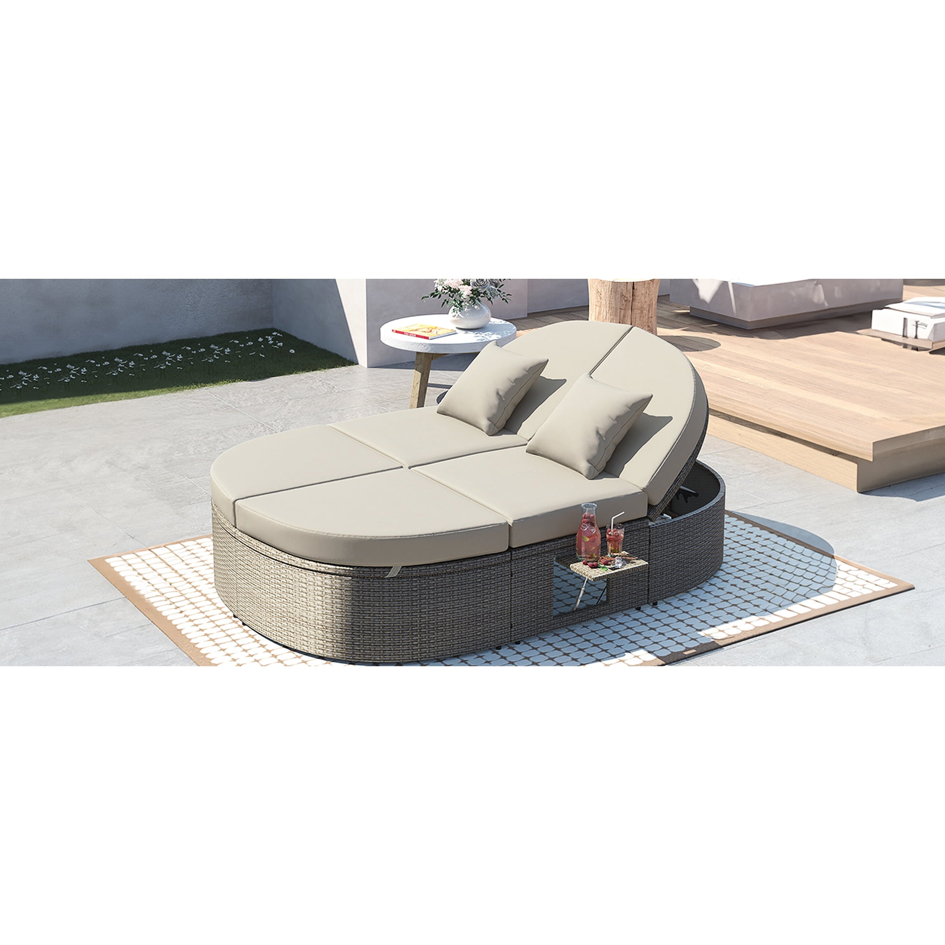 Patio Sun Bed With Adjustable And Materials, Gray Outdoor Daybed For 2 ...