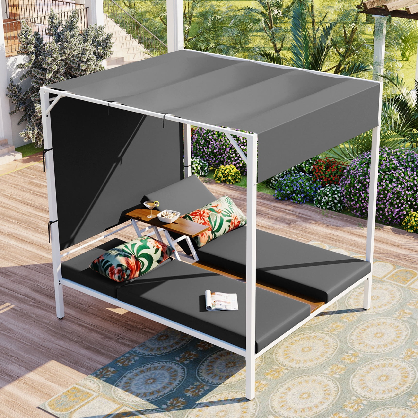 Patio Sunbed with Adjustable Backrest and Cup Table, All-Weather Double ...