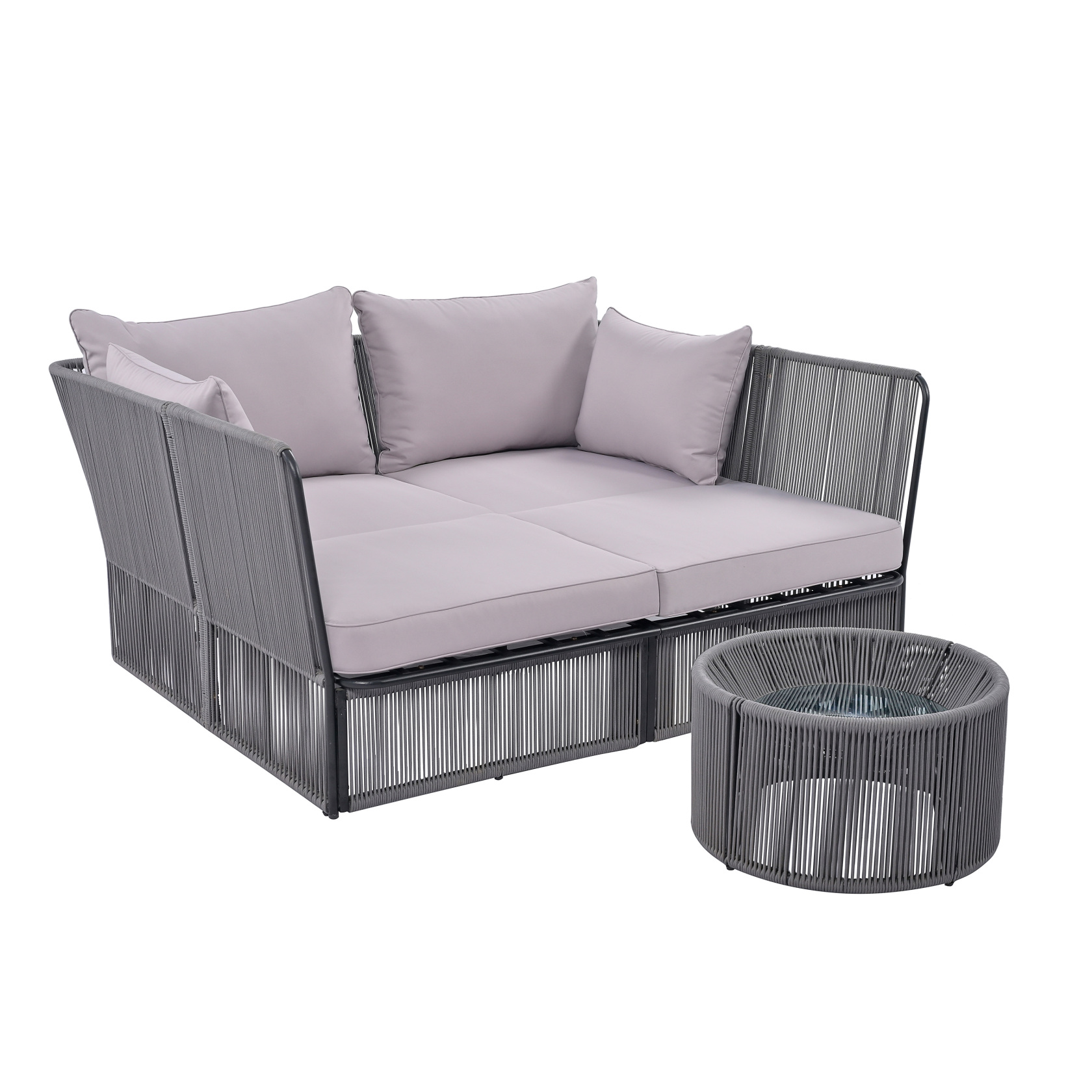 Patio Sunbed and Coffee Table Set, Rope Double Chaise Lounger Loveseat ...