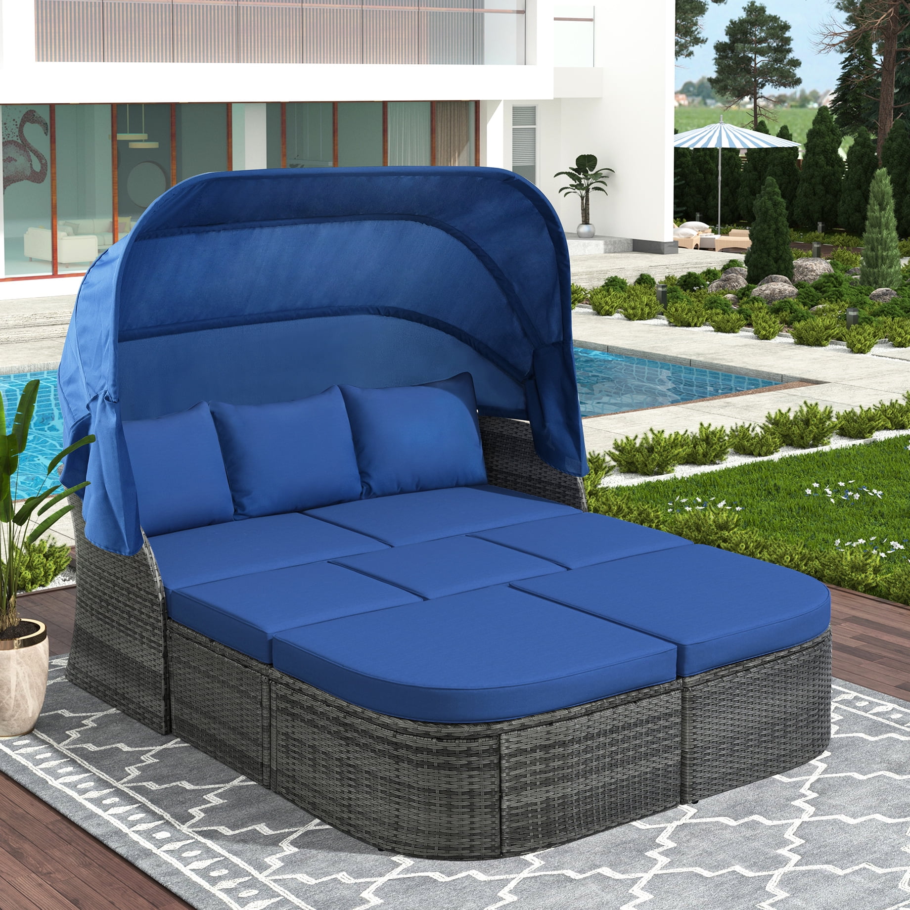 Patio Sunbed With Canopy: And Comfortable Cushions Blue Outdoor Sunbed ...
