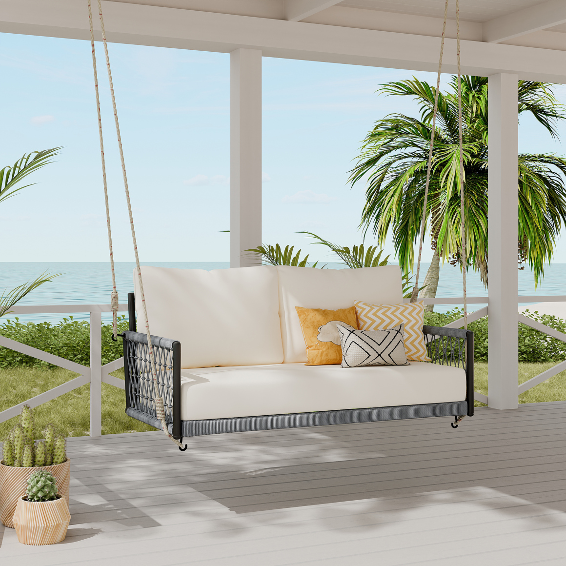 Patio Swing Chair, Woven Rope Outdoor Swing Loveseat Sofa with Soft ...