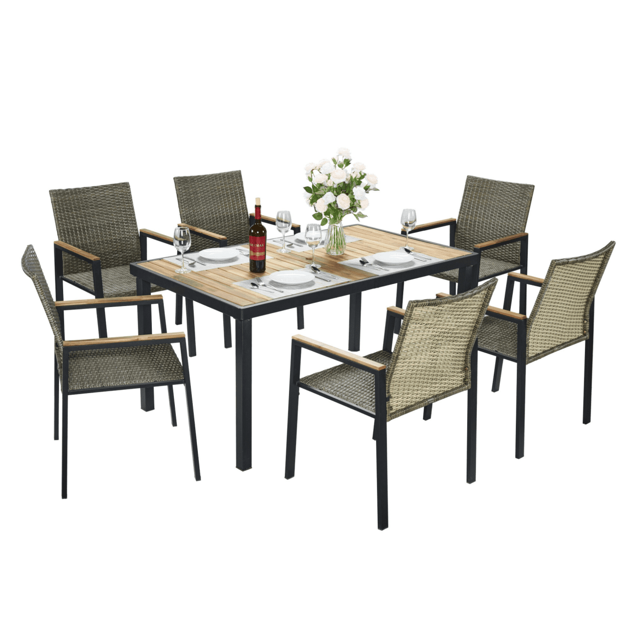Patio Table and Chairs Set 7 Pieces, All Weather Rattan Outdoor Dining ...