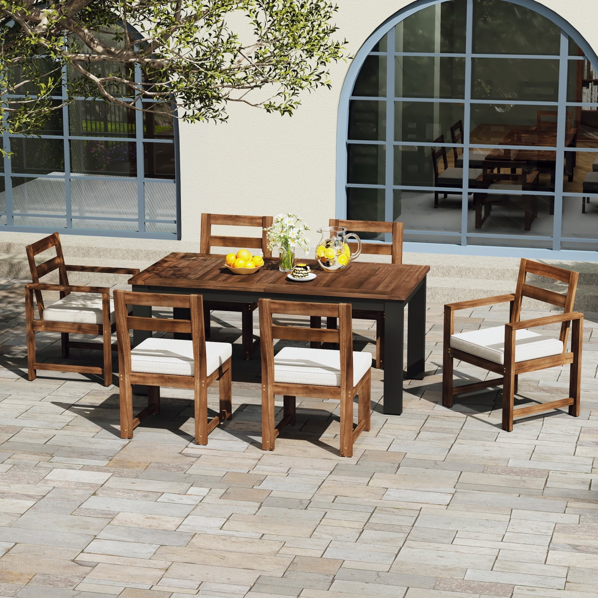 Patio Table and Chairs Set of 7, Wood Dining Table Set with Umbrella ...