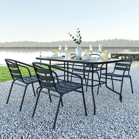 Patio Table & Chairs Set - Rectangular Metal Table with Tempered Glass ...