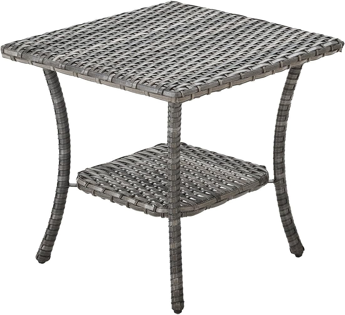 Patio Table Outdoor Side Tables - Wicker Coffee Table with 2-Shelf Storage Rattan End Table ...