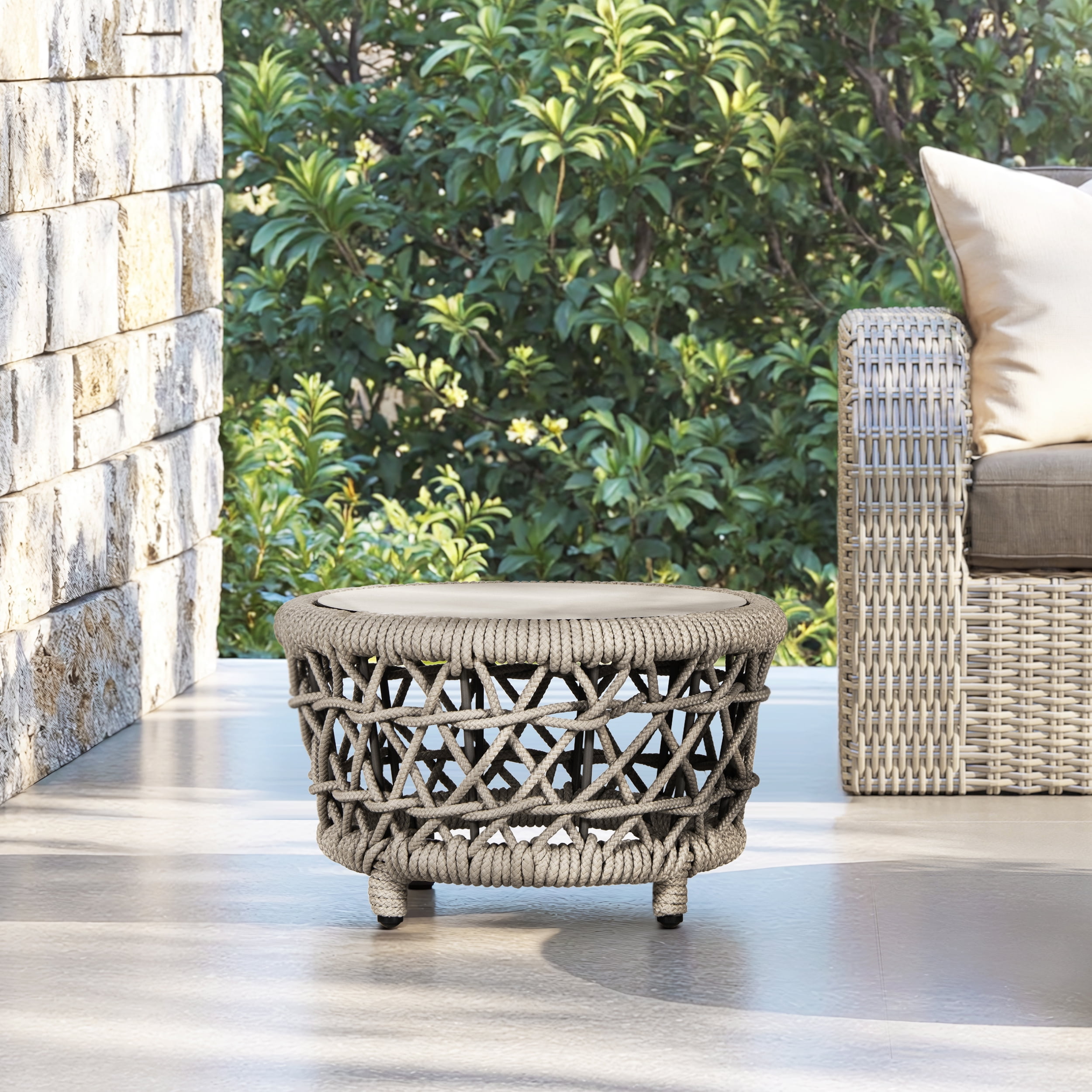 Patio Tables Everly 21.5" Round Woven Patio Coffee Table Light Beige ...